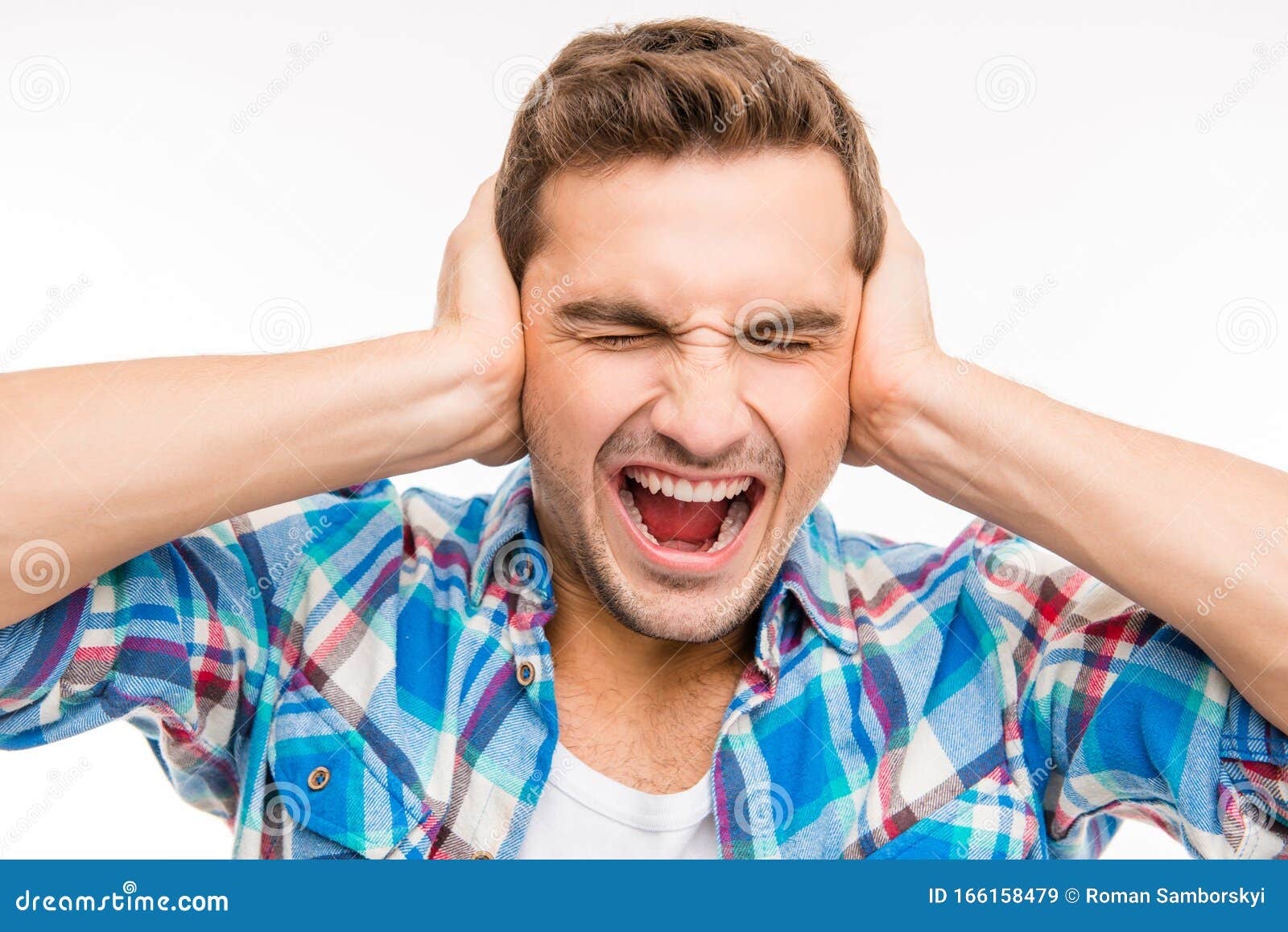 Young Man Covering His Ears and Shouting Stock Image - Image of rage ...