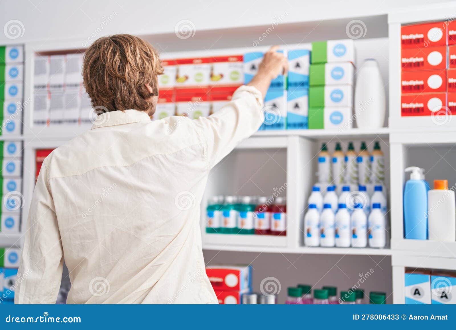 Young Man Customer Standing on Back View at Pharmacy Stock Image ...