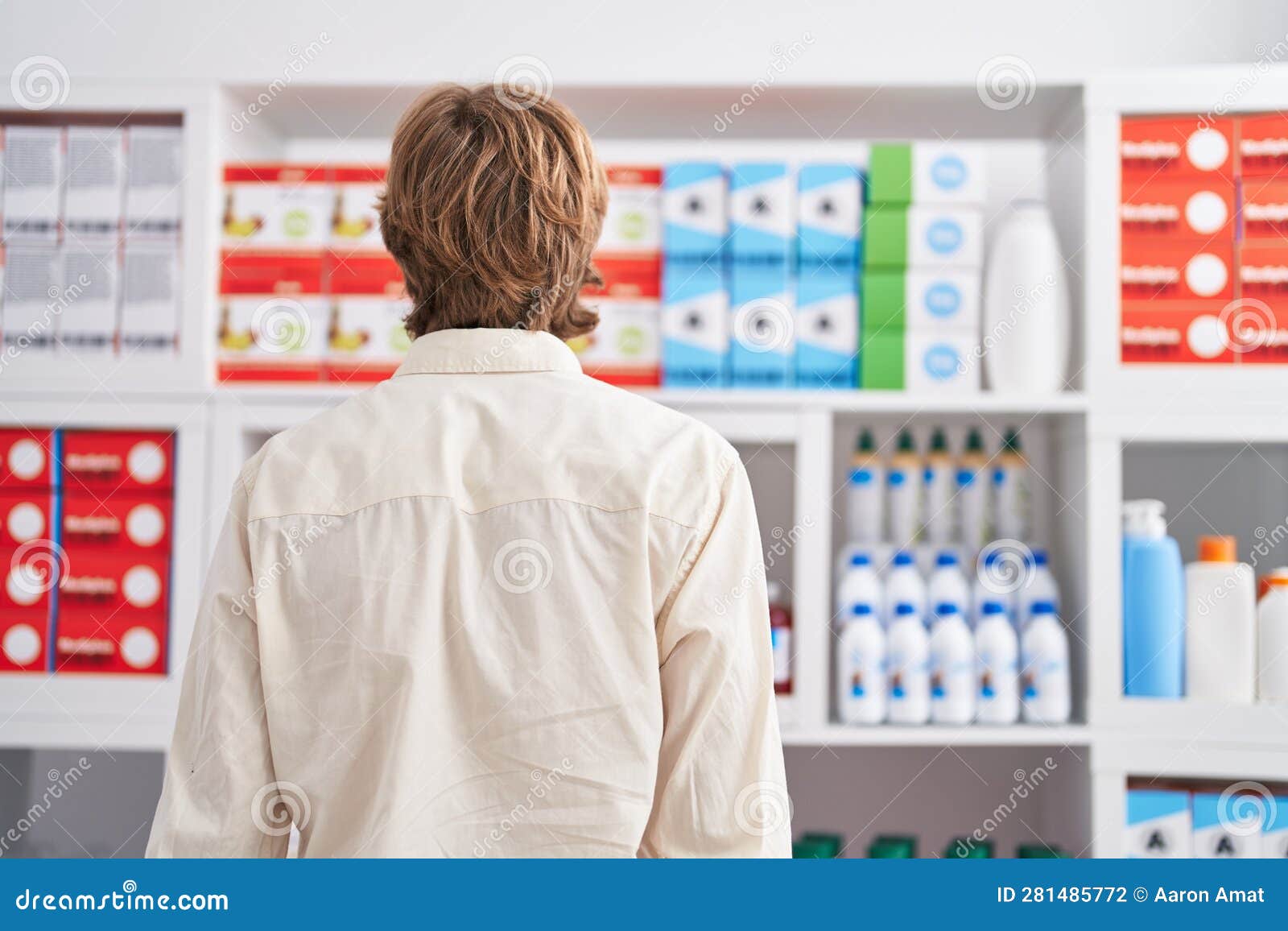 Young Man Customer Standing on Back View at Pharmacy Stock Photo ...