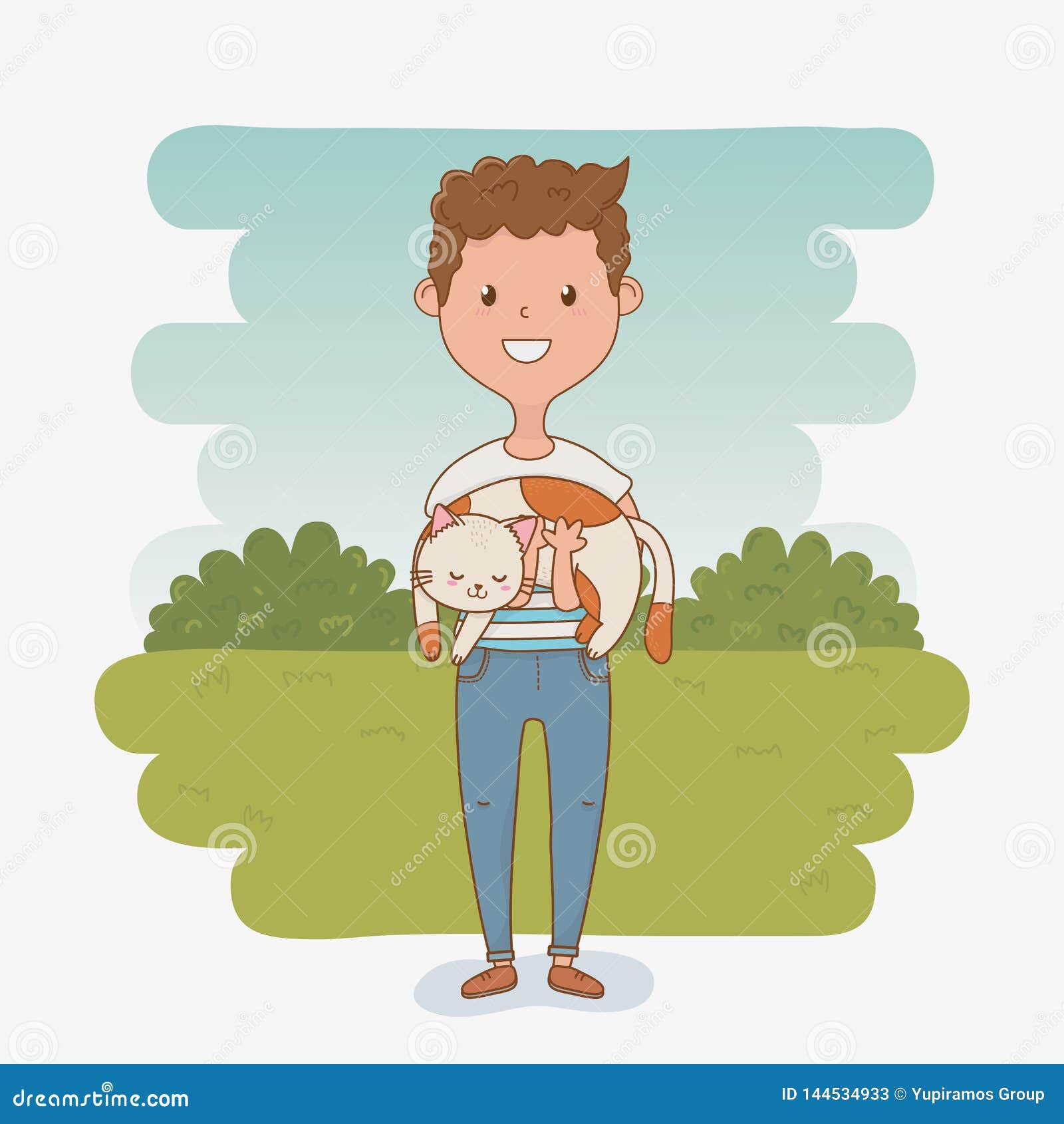 Young Man with Cute Cat Mascot Stock Vector - Illustration of breed ...