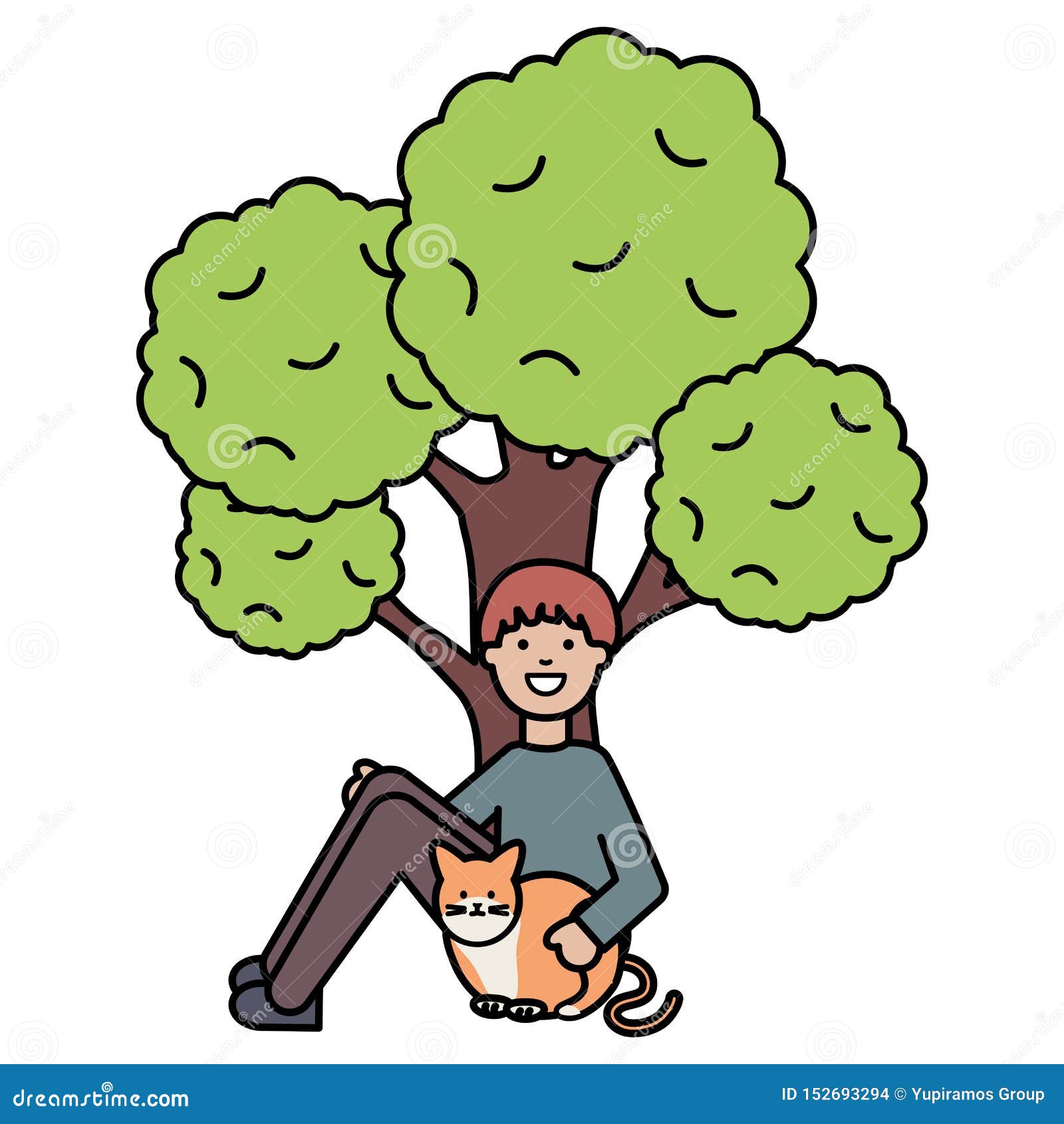 Young Man with Cute Cat and Tree Stock Vector - Illustration of male ...