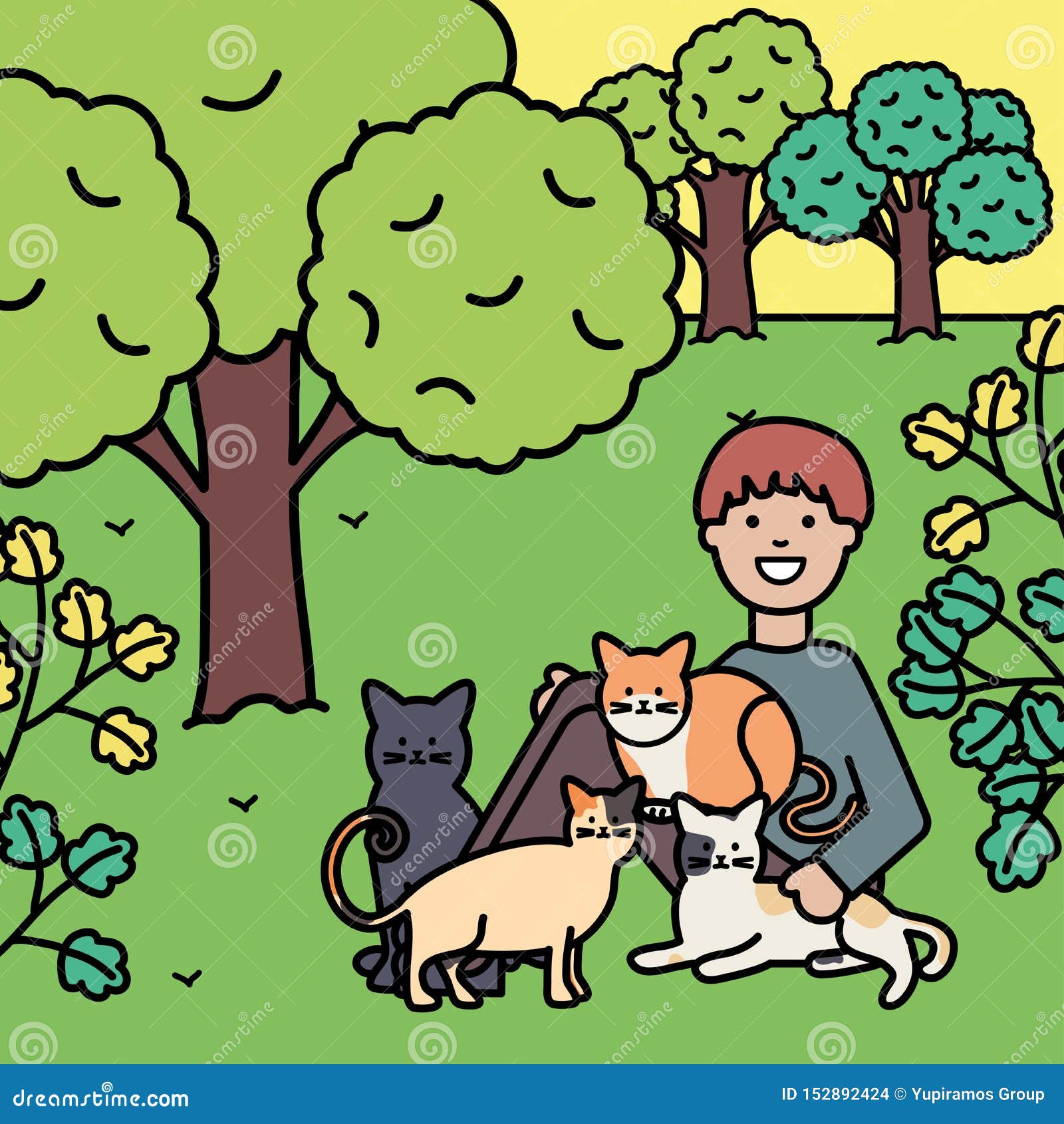 Young Man with Cute Cats Mascots on the Park Stock Vector ...