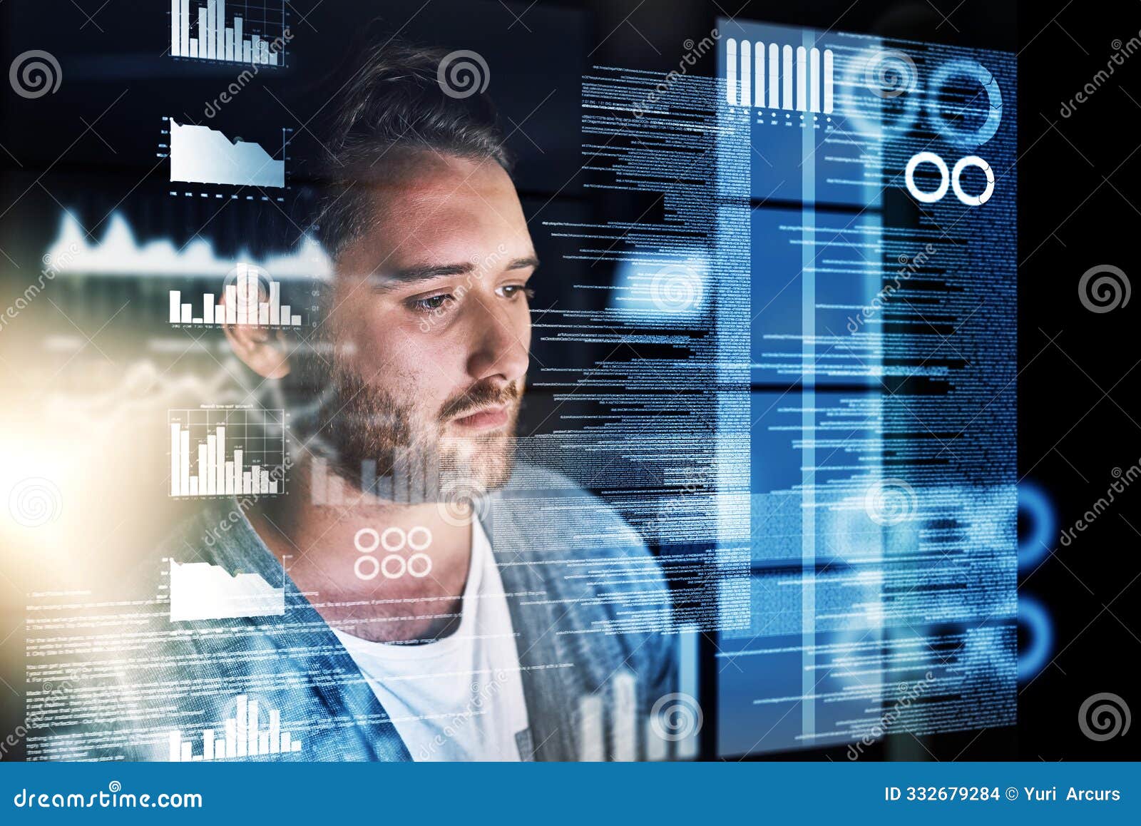 Young Man, Data and Analytics with Hologram for Future Development ...