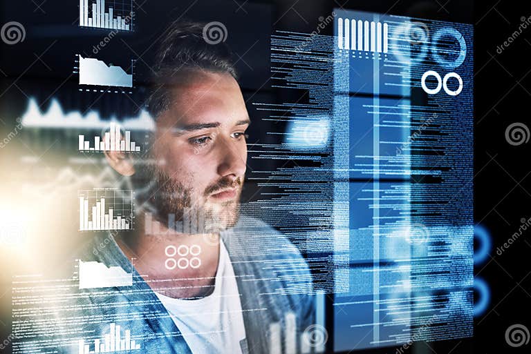 Young Man, Data and Analytics with Hologram for Future Development ...