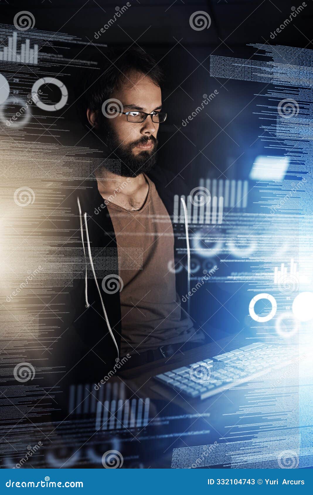 Young Man, Data and Night with Overlay on Computer in Future ...