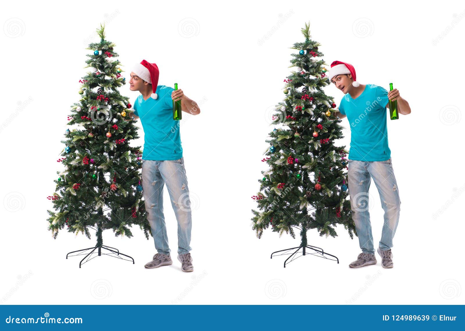 The Young Man Decorating Christmas Tree Isolated on White Stock Image ...