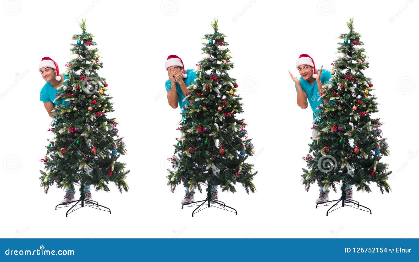 The Young Man Decorating Christmas Tree Isolated on White Stock Photo ...