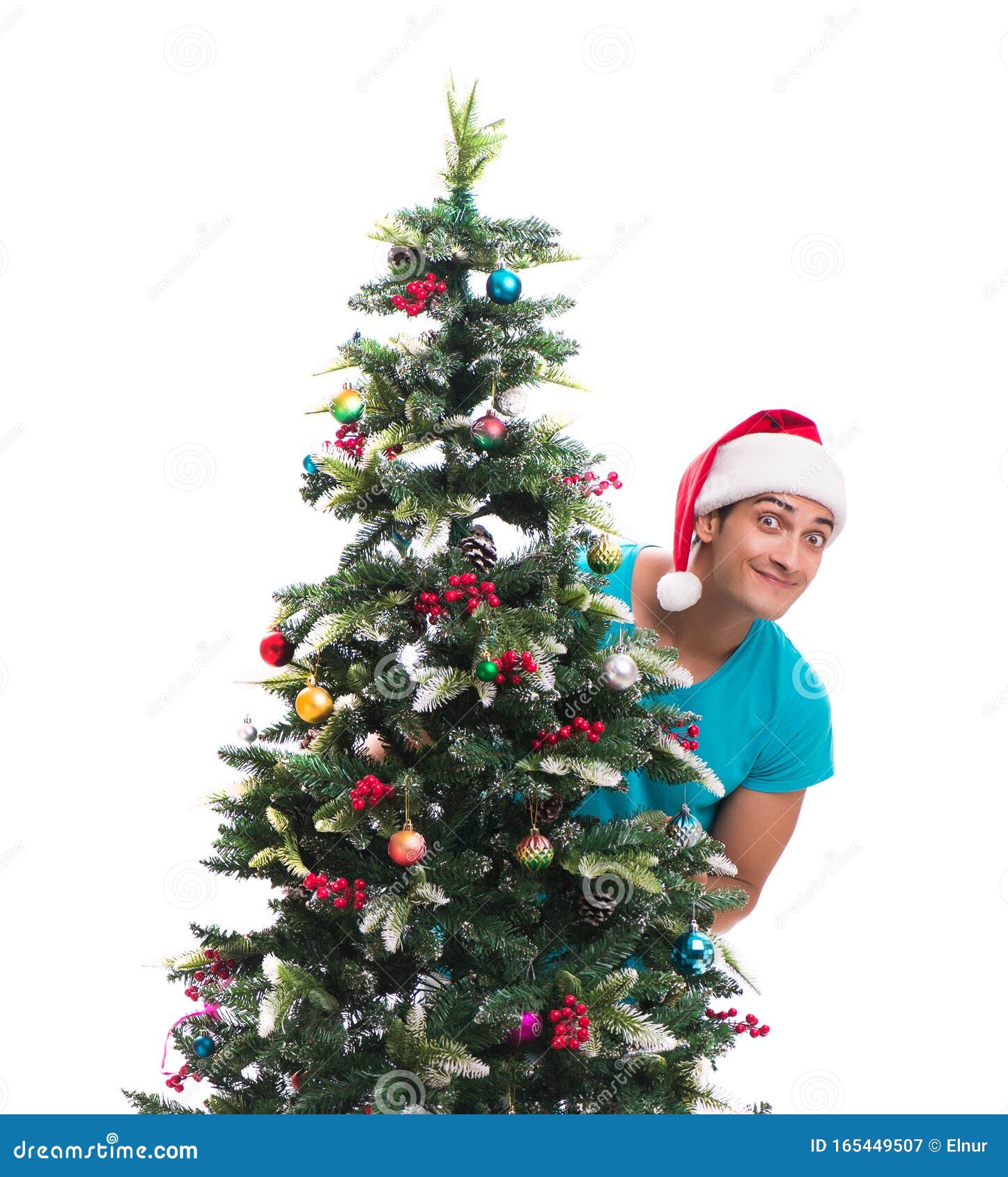 Young Man Decorating Christmas Tree Isolated on White Stock Image ...