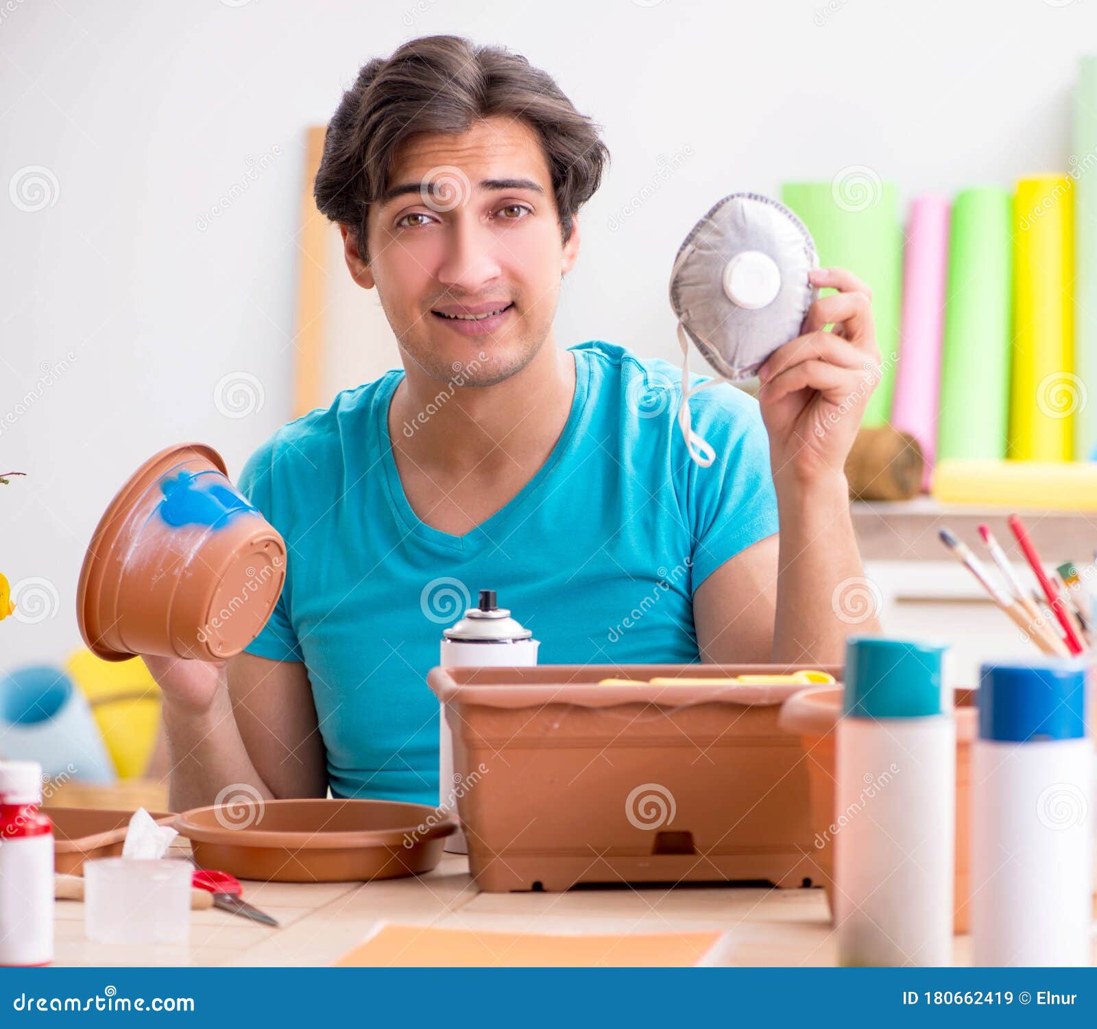 Young Man Decorating Pottery in Class Stock Image - Image of making ...