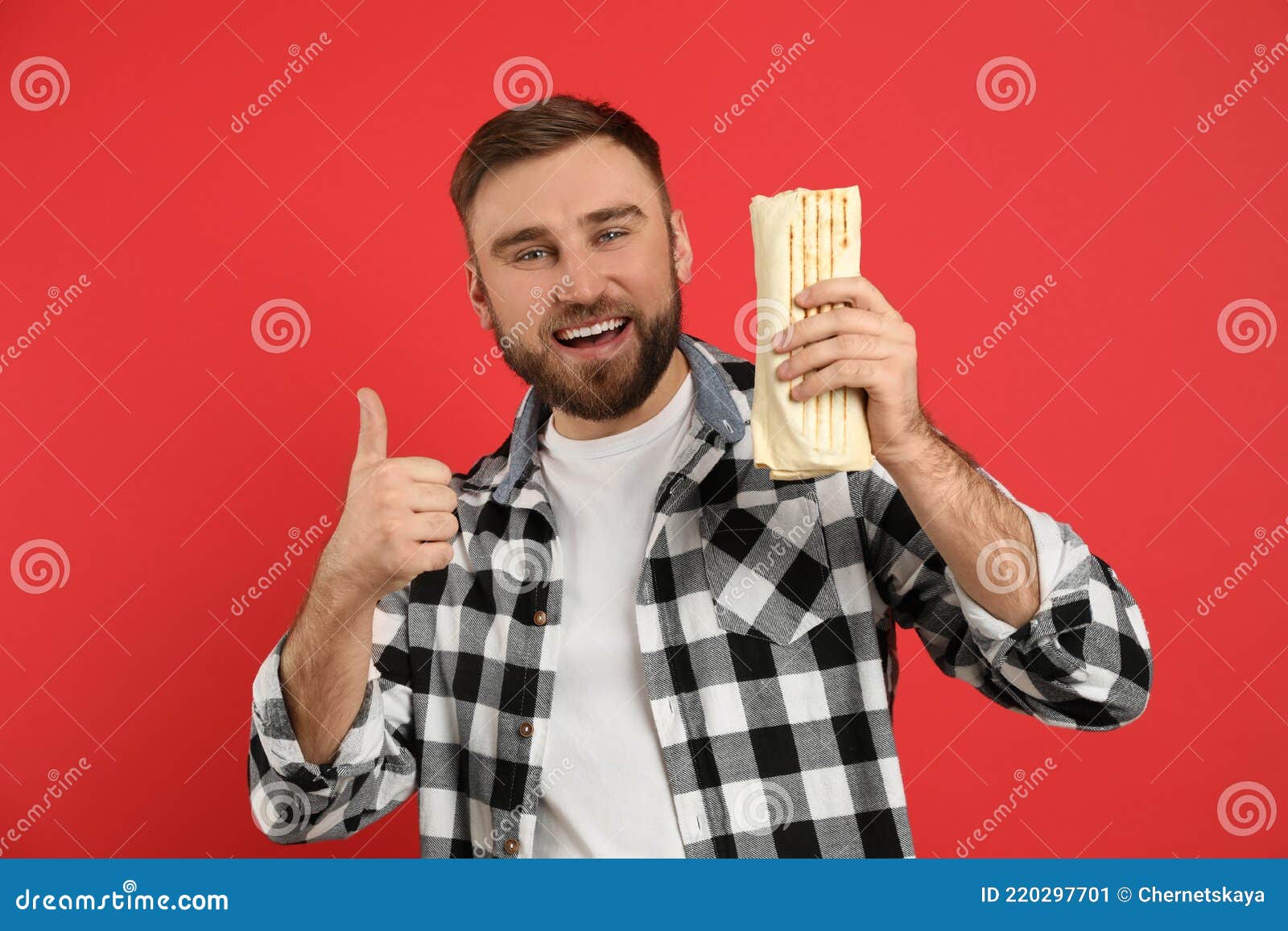 Young Man with Delicious Shawarma on Red Background Stock Image - Image ...