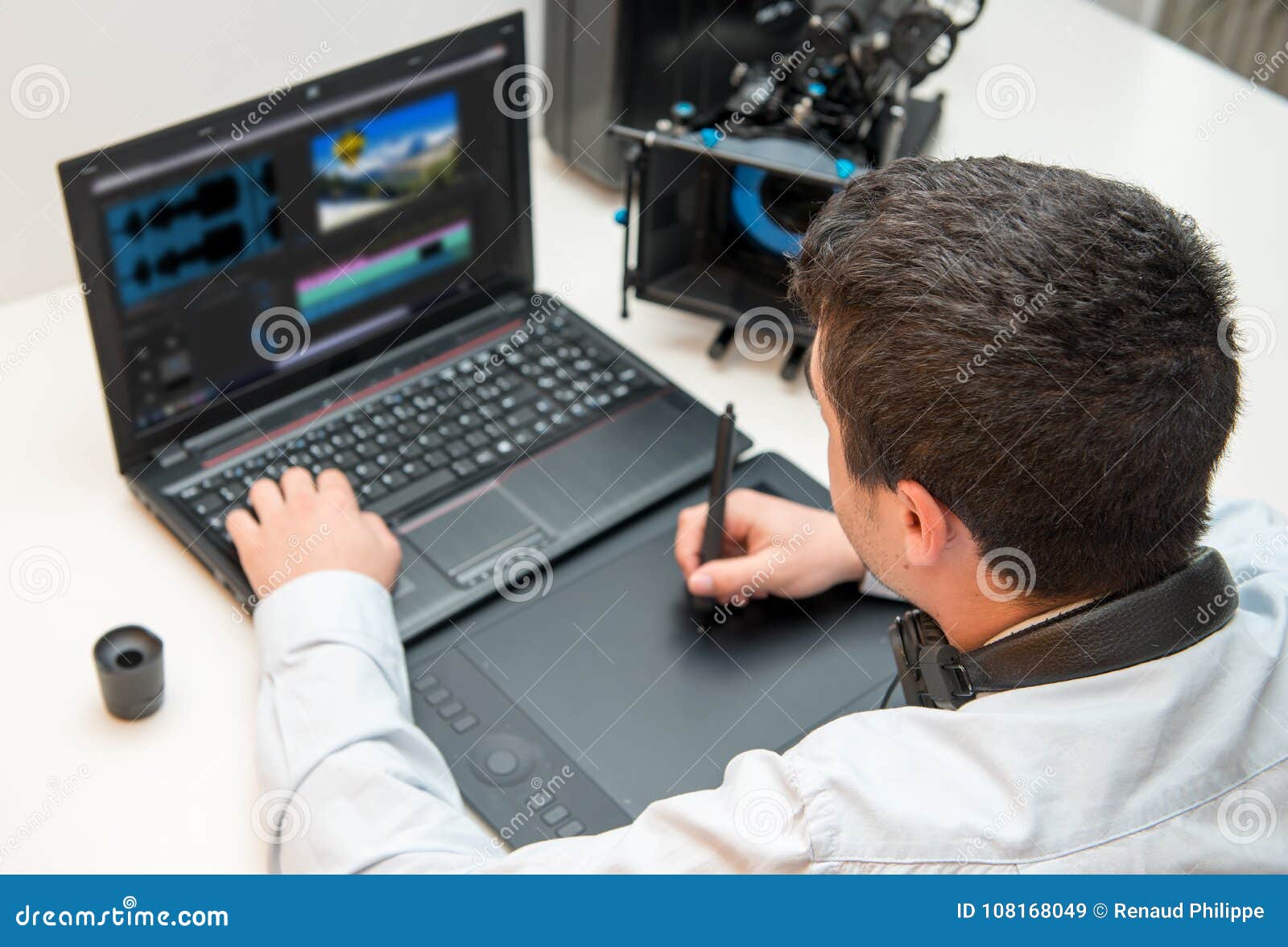 Young Man Designer Using Graphics Tablet for Video Editing Stock Image ...