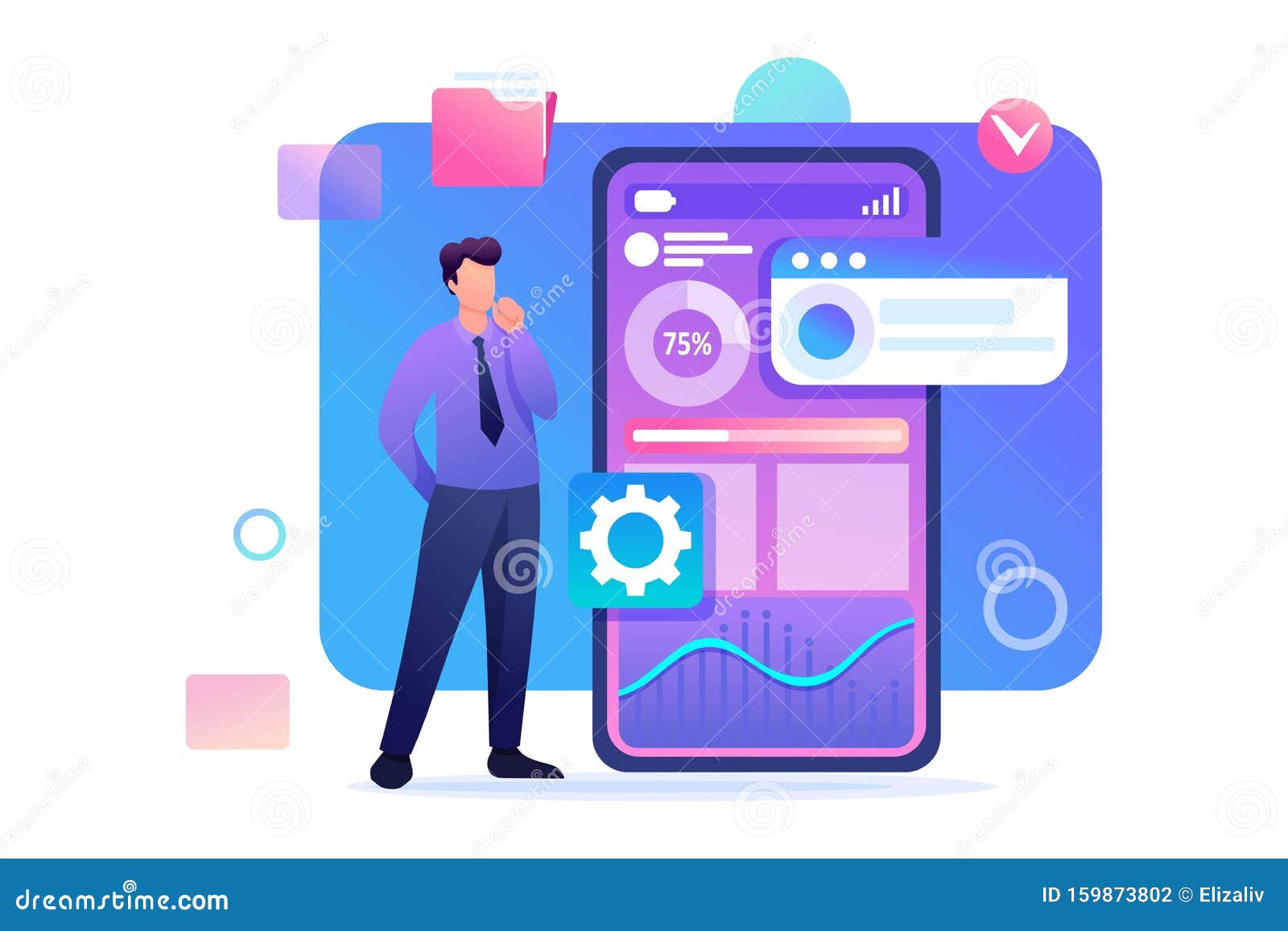 Young Man is Developing a Mobile Application for Data Collection. Flat ...