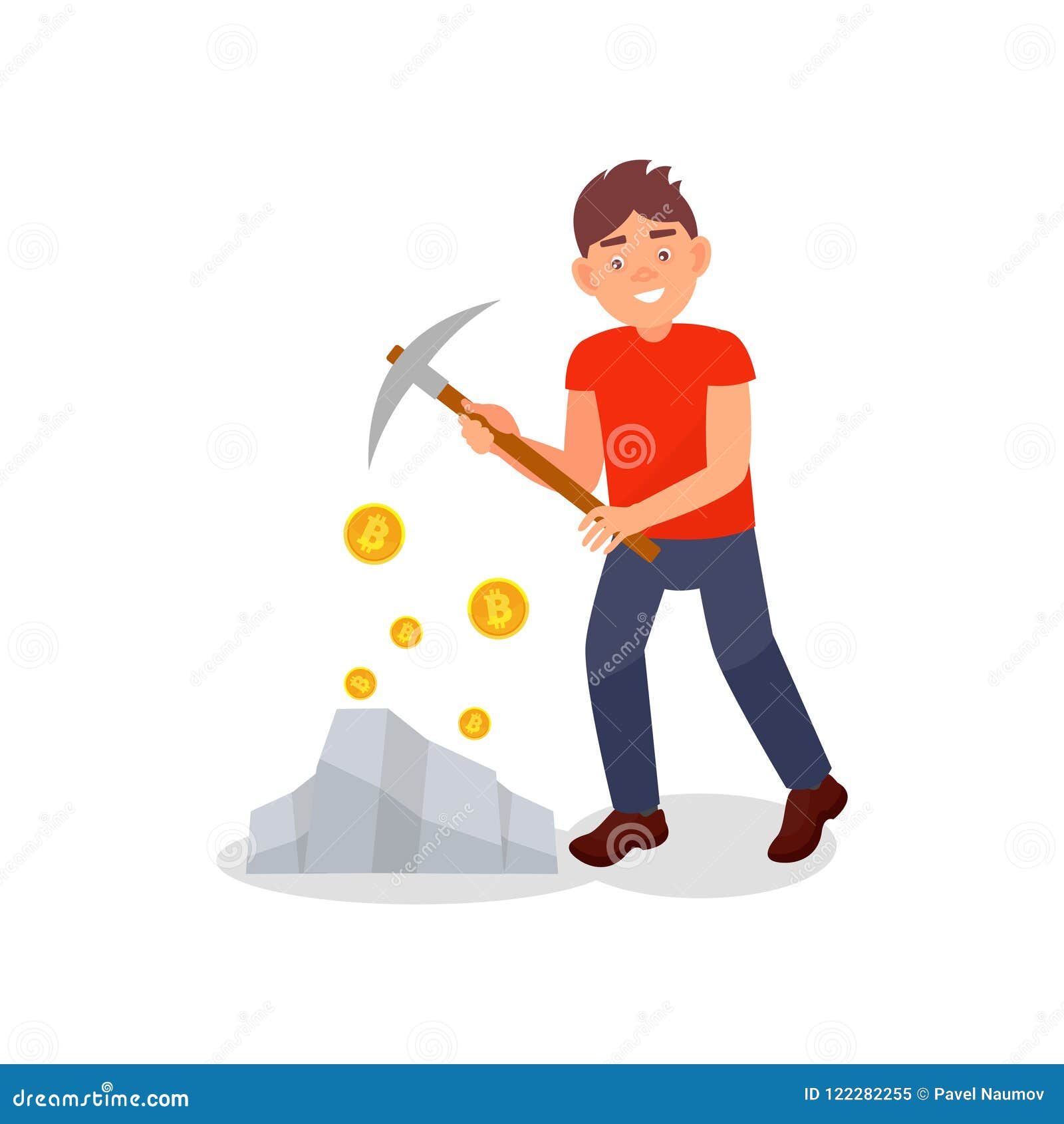 Young Man Digging Coins from Rock with Pickaxe, Man Mining Bitcoins ...
