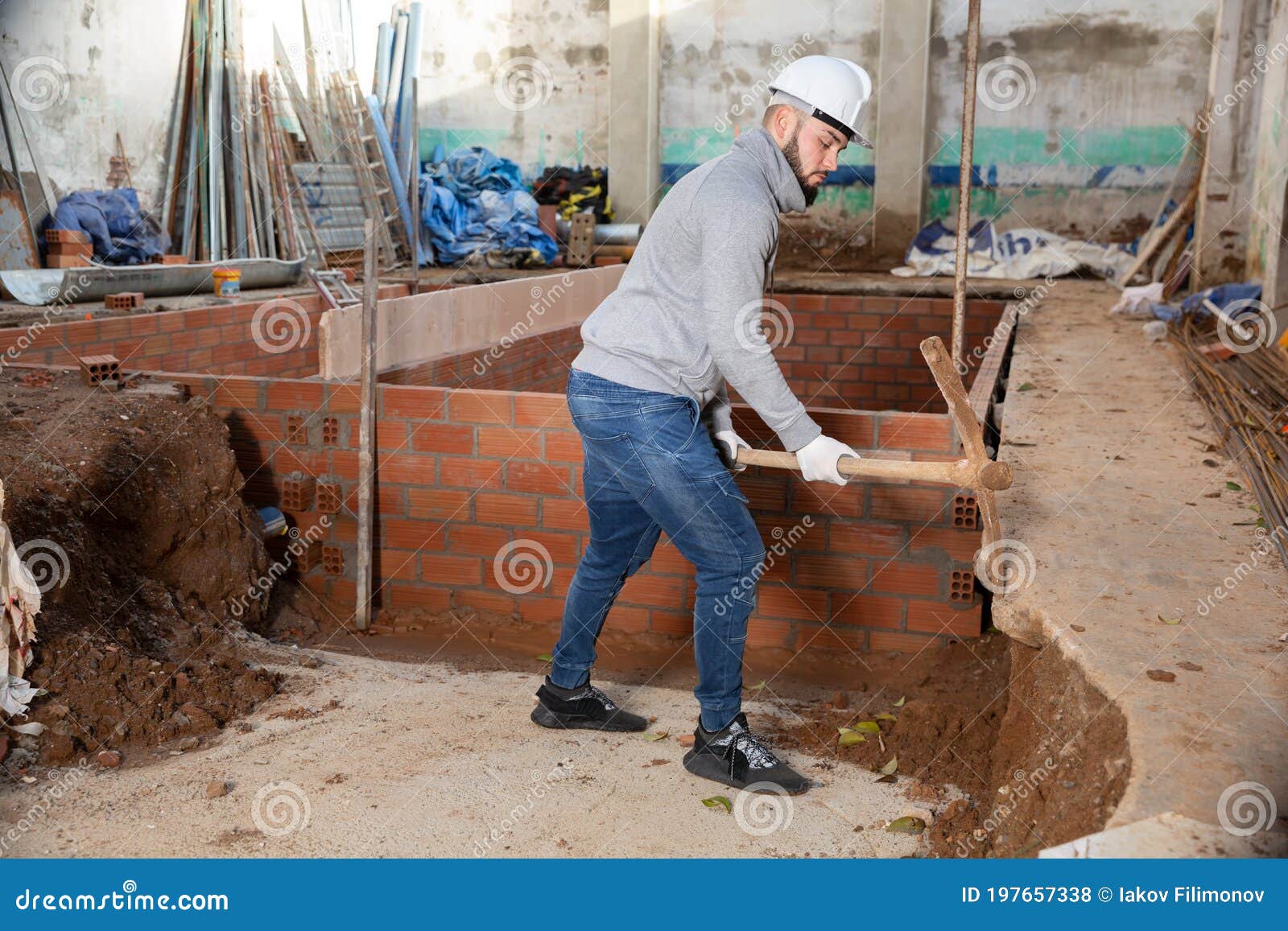 Man Digging Ground with Pickaxe Stock Photo - Image of expertise ...