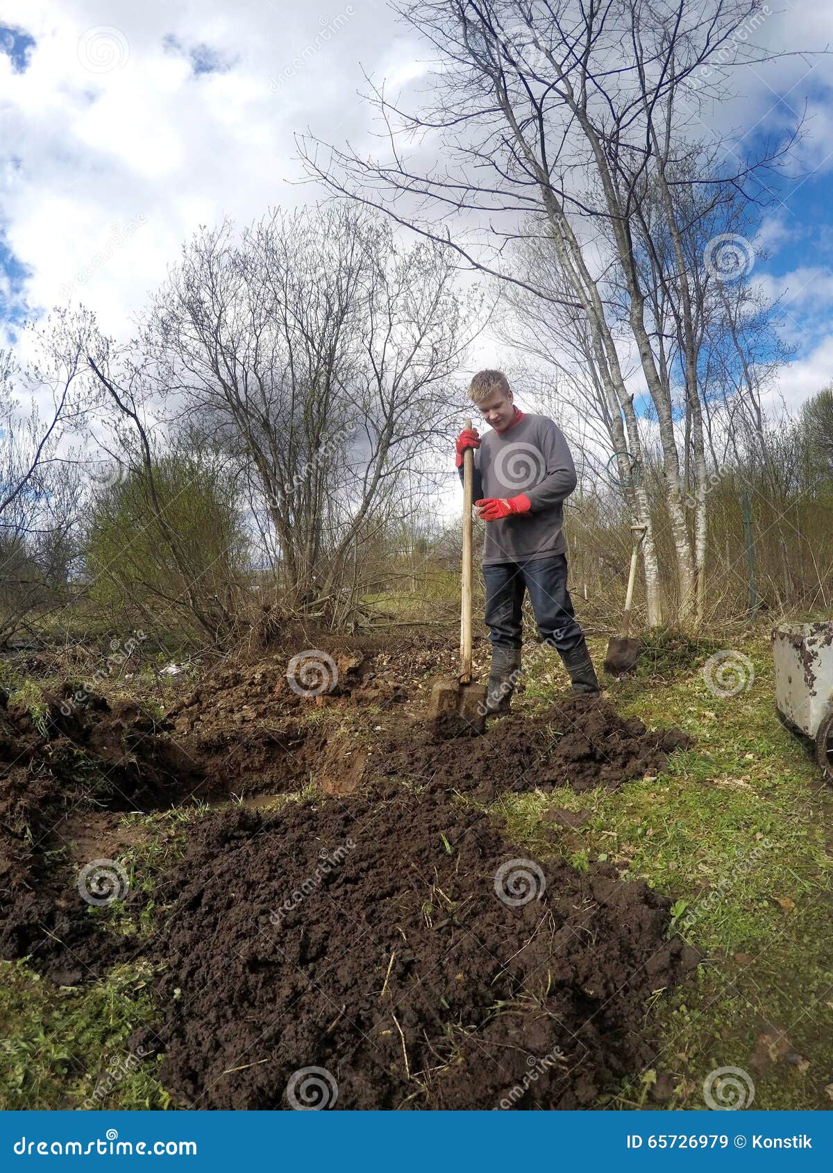 The Young Man Digging Ground and Preparing for Planting on the Wet Soil ...
