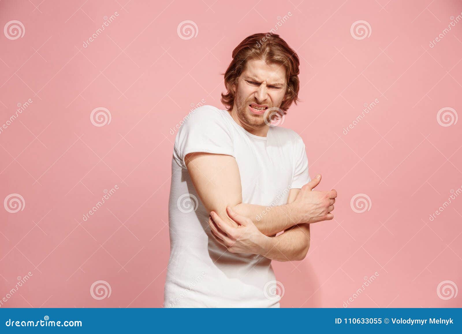 Young Man with Disgusted Expression Repulsing Something, on the Pink ...