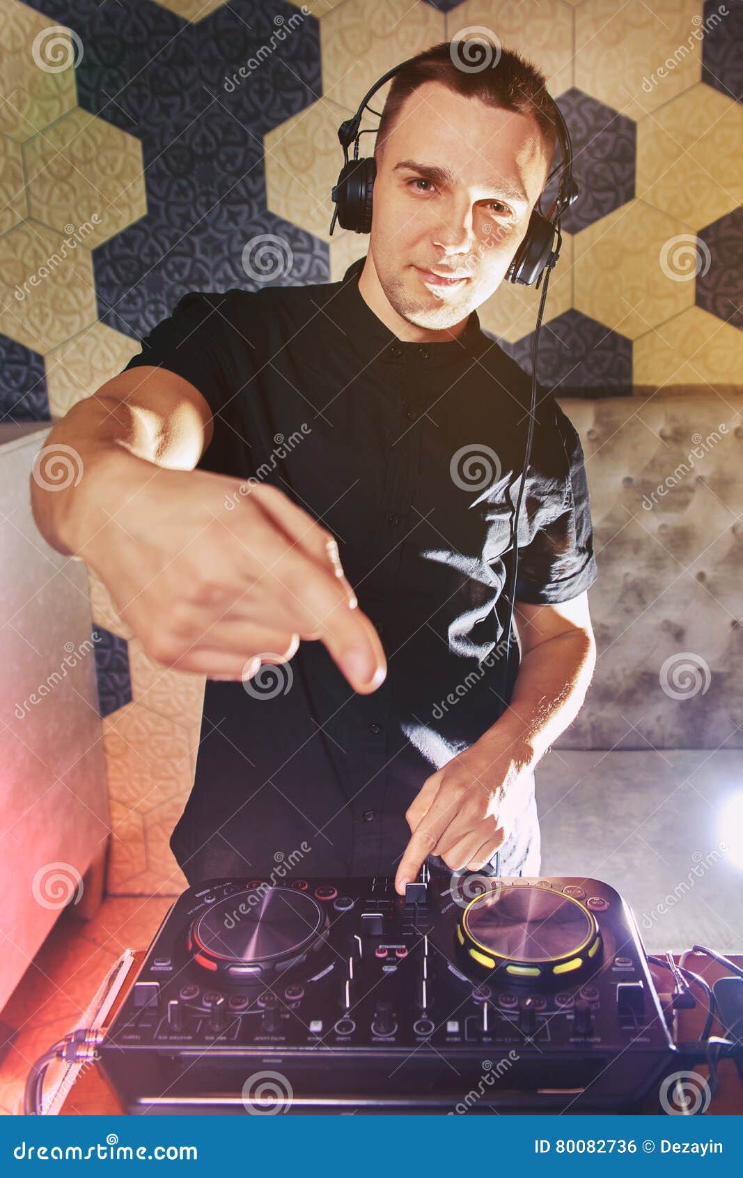 Young Man DJ with Mixer is Working Stock Photo - Image of headphone ...