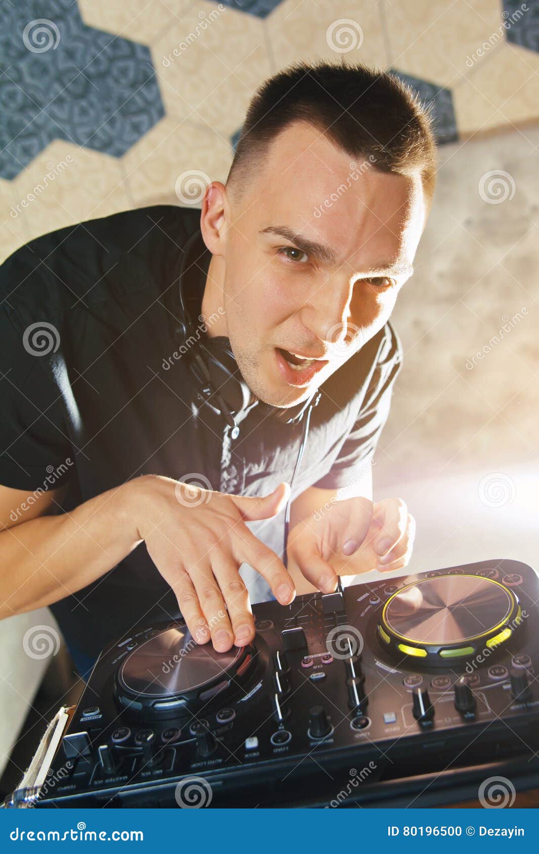 Young Man DJ with Mixer is Working Stock Photo - Image of electronics ...