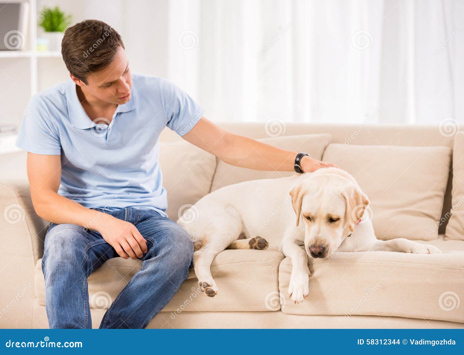 Young man with dog stock photo. Image of expression, indoors - 58312344