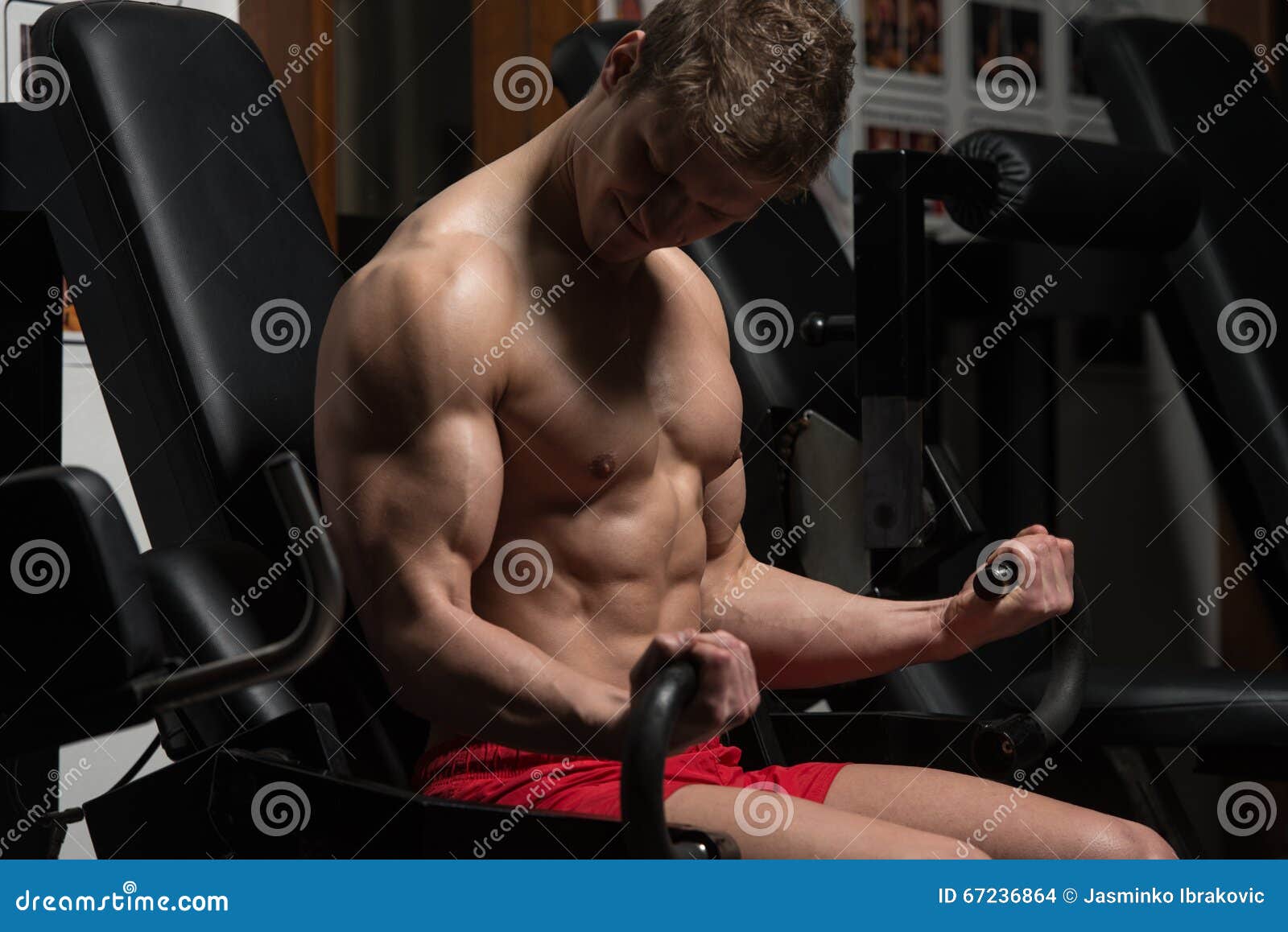 Young Man Doing Exercise for Biceps with Machine Stock Photo - Image of ...
