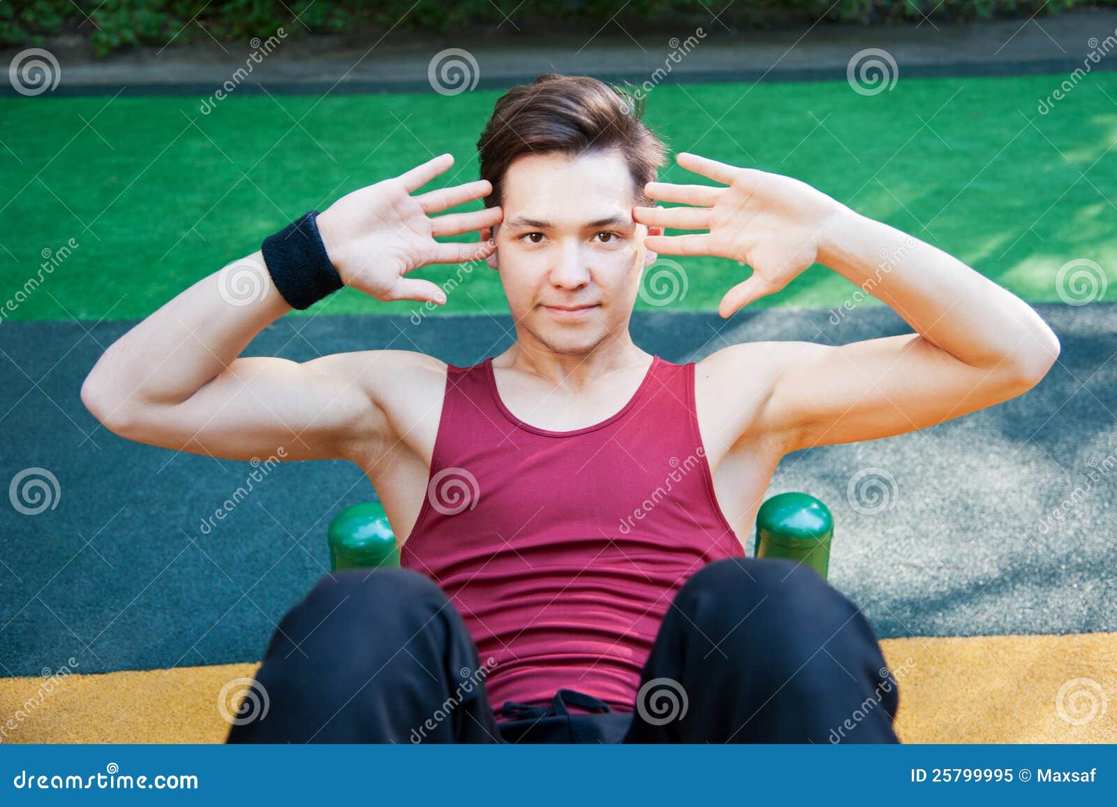Young Man Doing Fitness Exercise Stock Image - Image of hands, lose ...