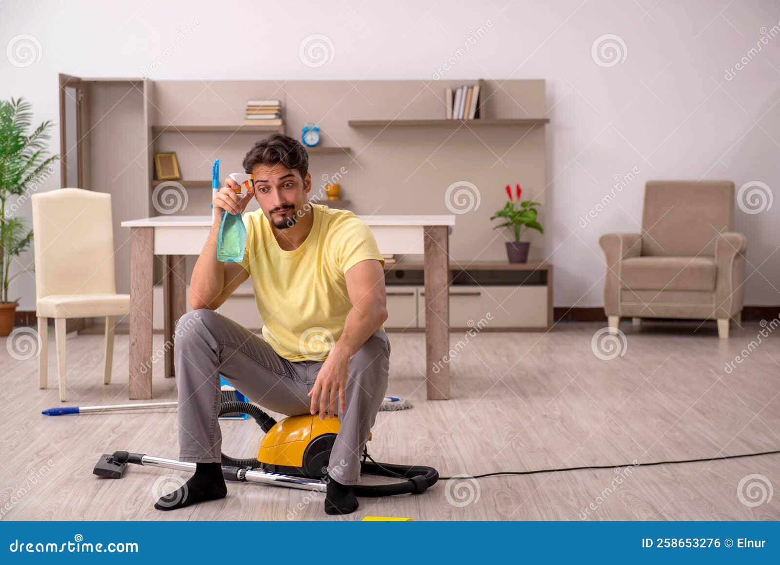 Young Man Doing Housework at Home Stock Photo - Image of demotivated ...