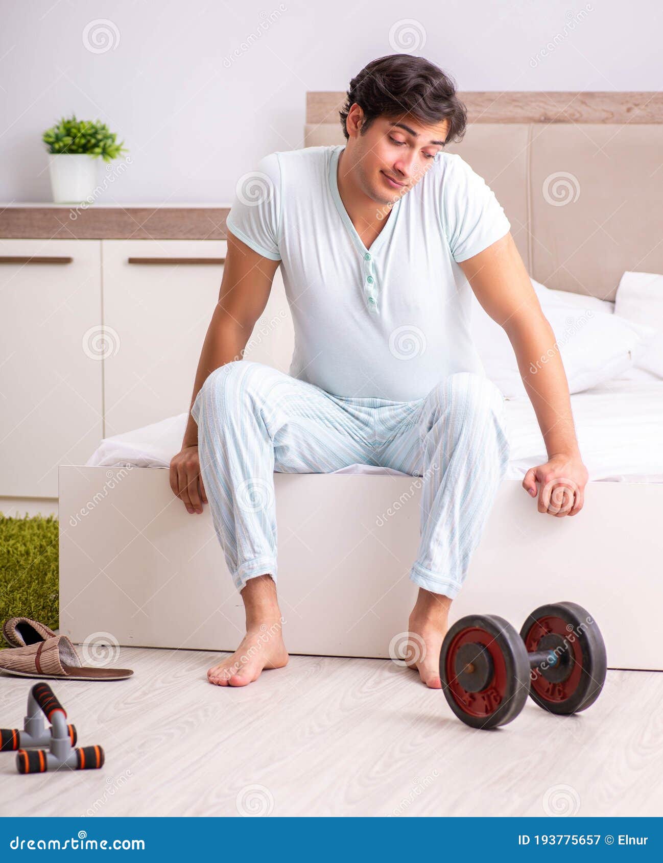 Young Man Doing Morning Routine in Bedroom Stock Image - Image of home ...