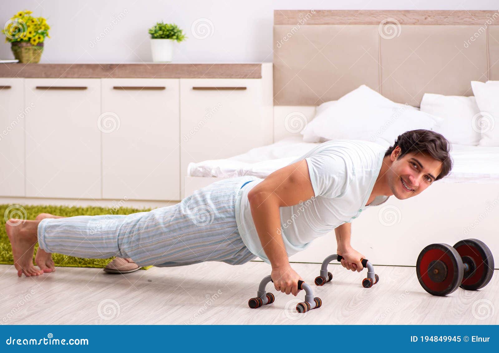 Young Man Doing Morning Routine in Bedroom Stock Image - Image of ...