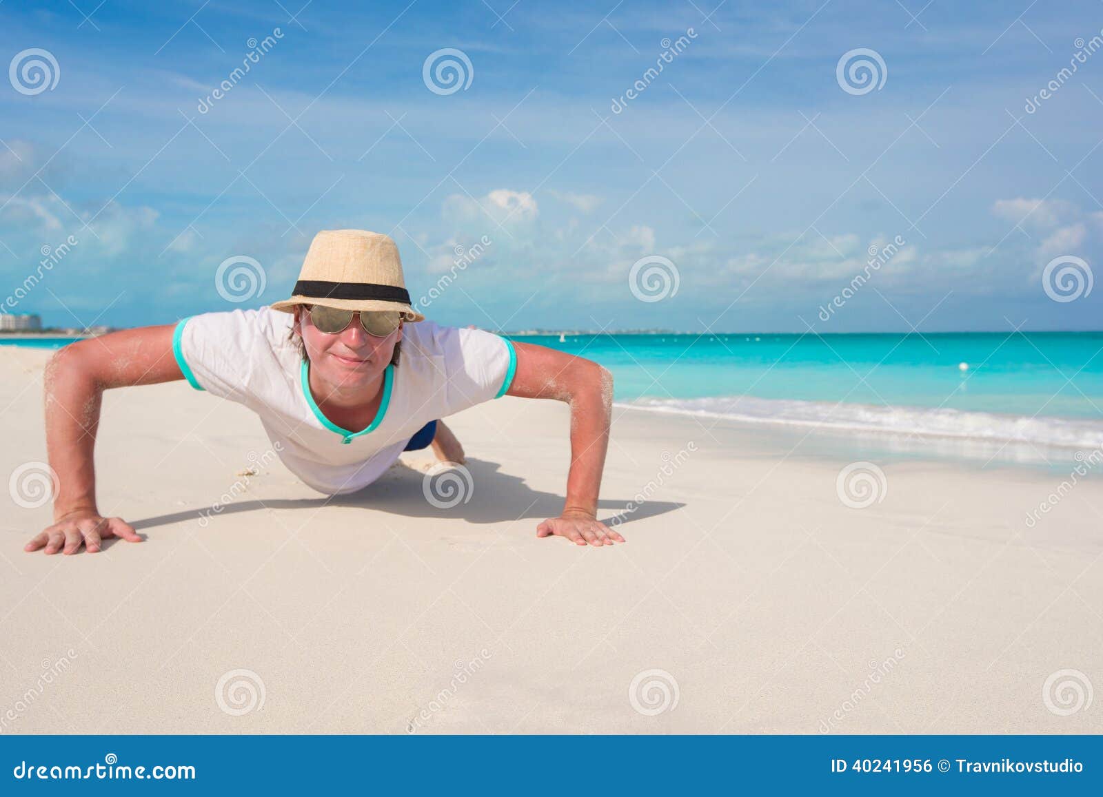 Young Man Doing Push Ups on Perfect Beach Stock Photo - Image of beach ...