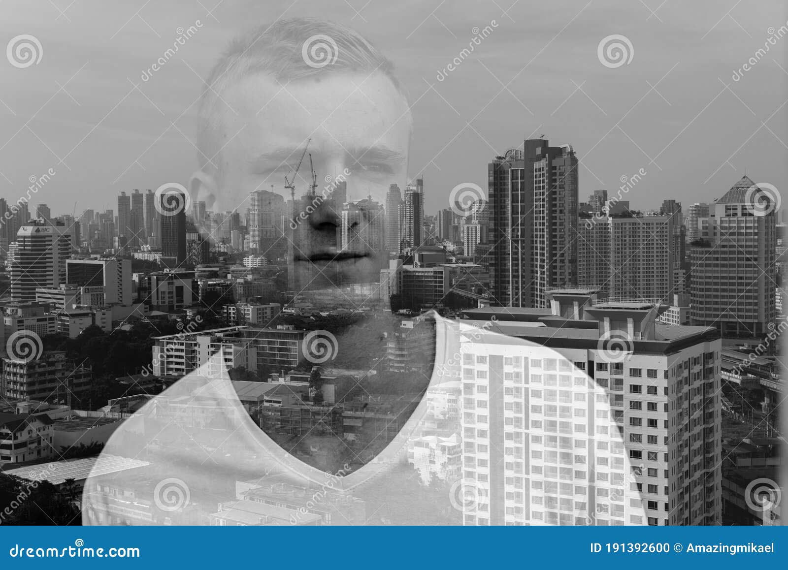Young Man with Double Exposure Effect in Black and White Stock Photo ...