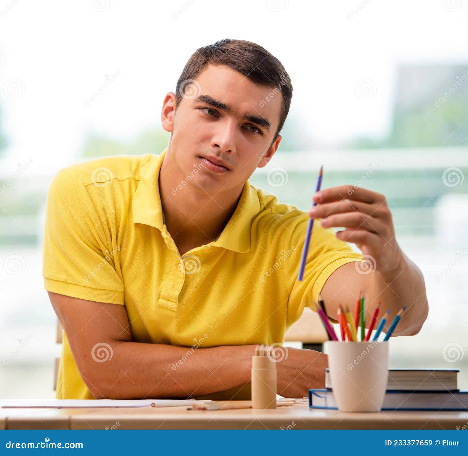 Young Man Drawing Pictures in Studio Stock Image - Image of artistic ...