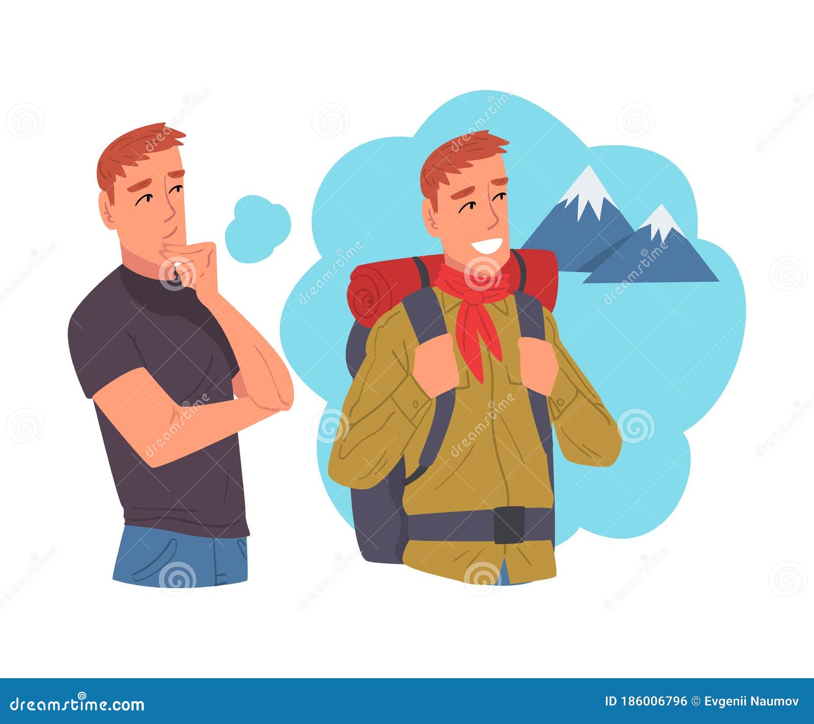 Young Man Dreaming About Hiking Human Thoughts And Needs Cartoon Style