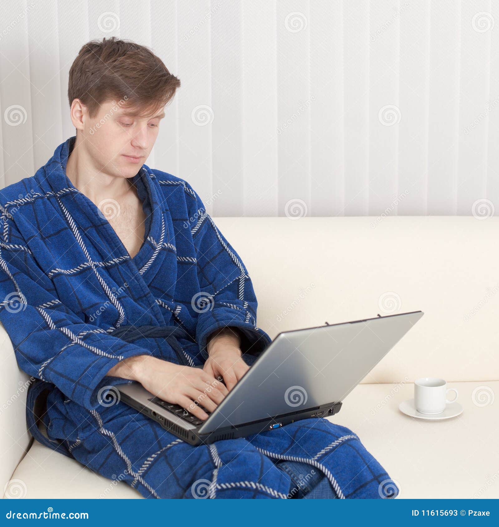 Young Man in Dressing Gown with Laptop Stock Image - Image of human ...