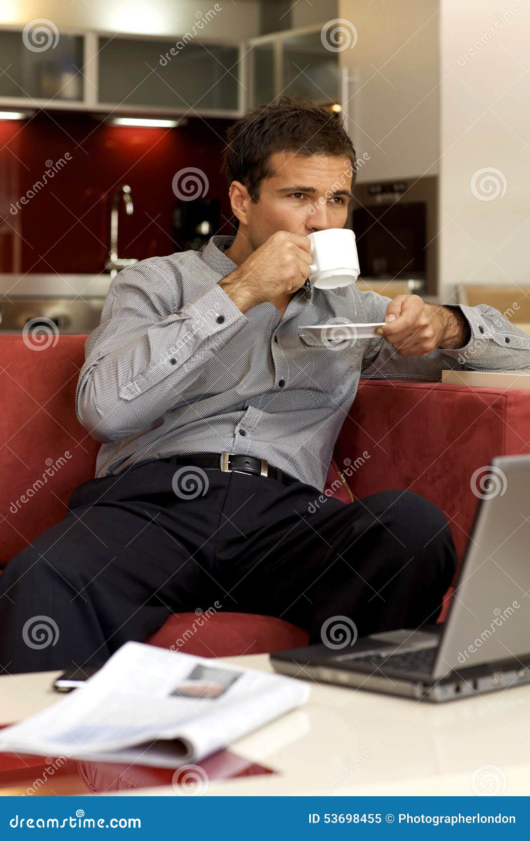 Young Man Drinking Tea, Sitting in Sofa Stock Image - Image of length ...