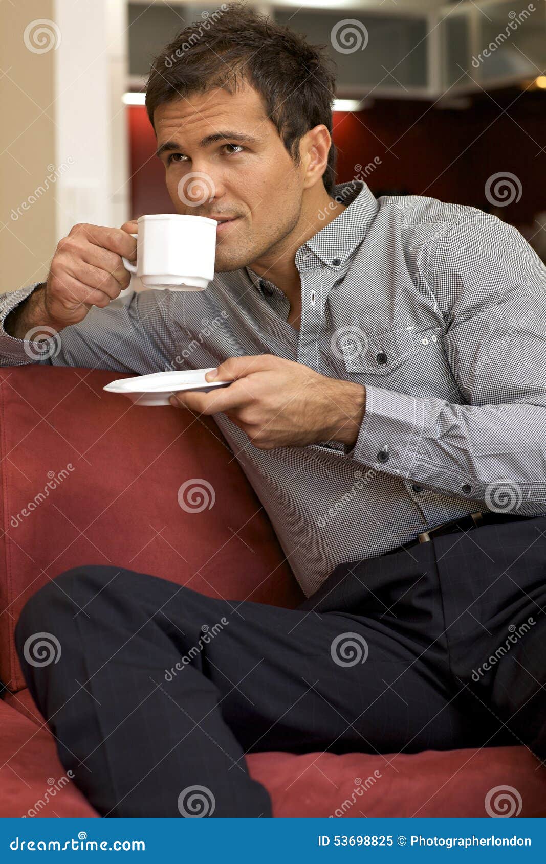 Young Man Drinking Tea, Sitting in Sofa Stock Image - Image of morning ...