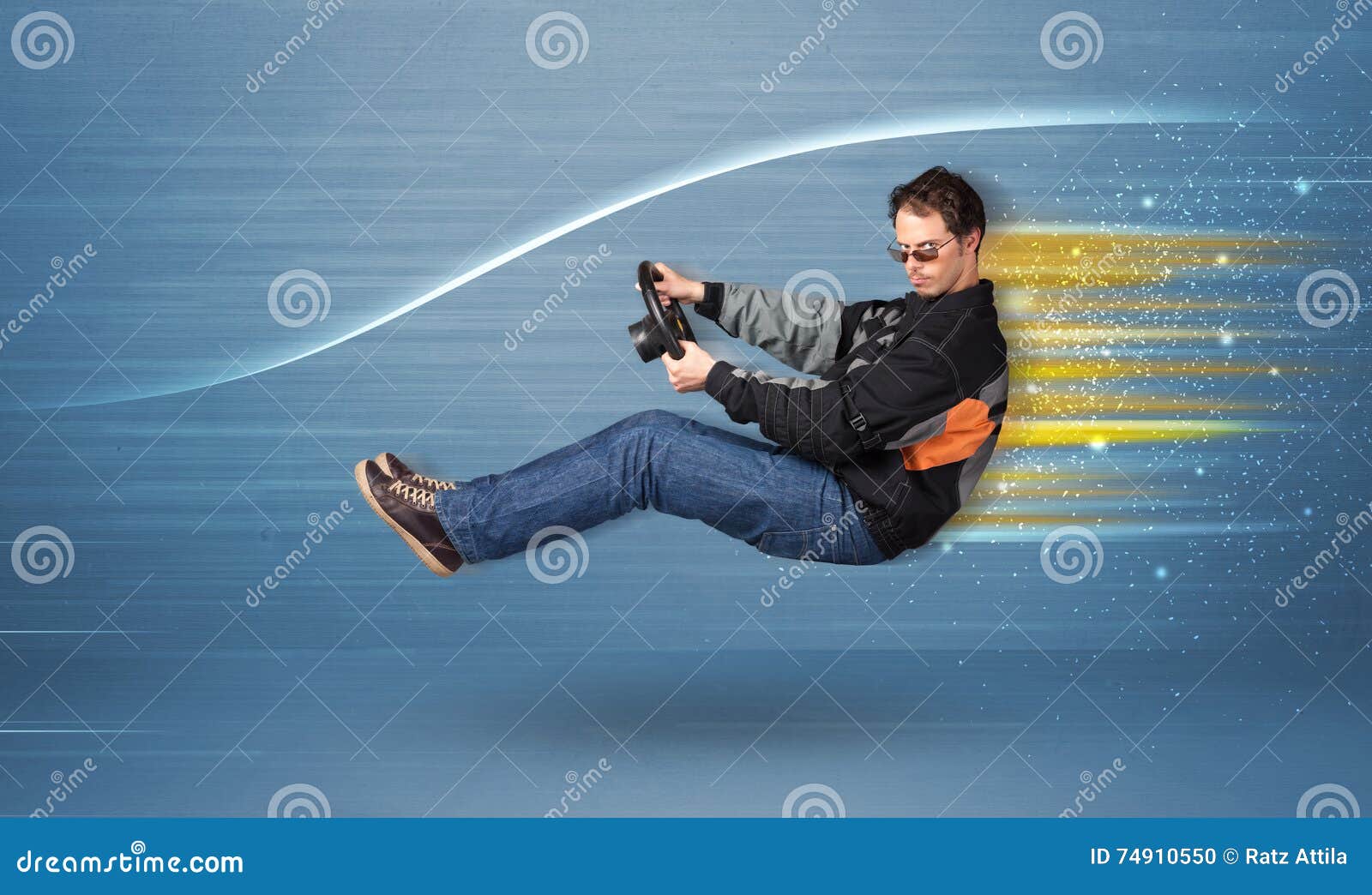 Young Man Driving in Imaginary Fast Car with Blurred Lines Stock Photo ...