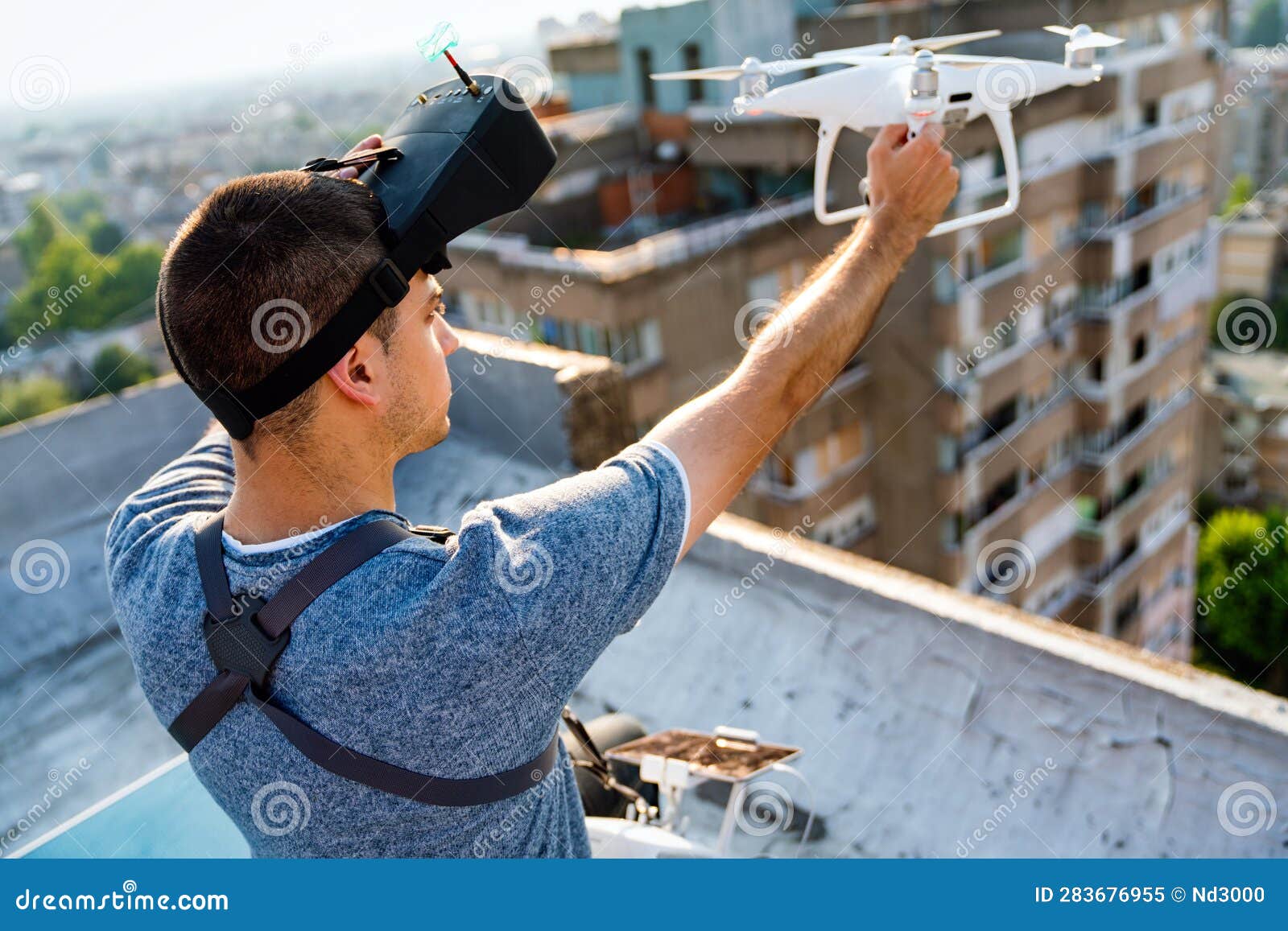 Young Man with Drone and Virtual Reality Viewer Stock Image - Image of ...
