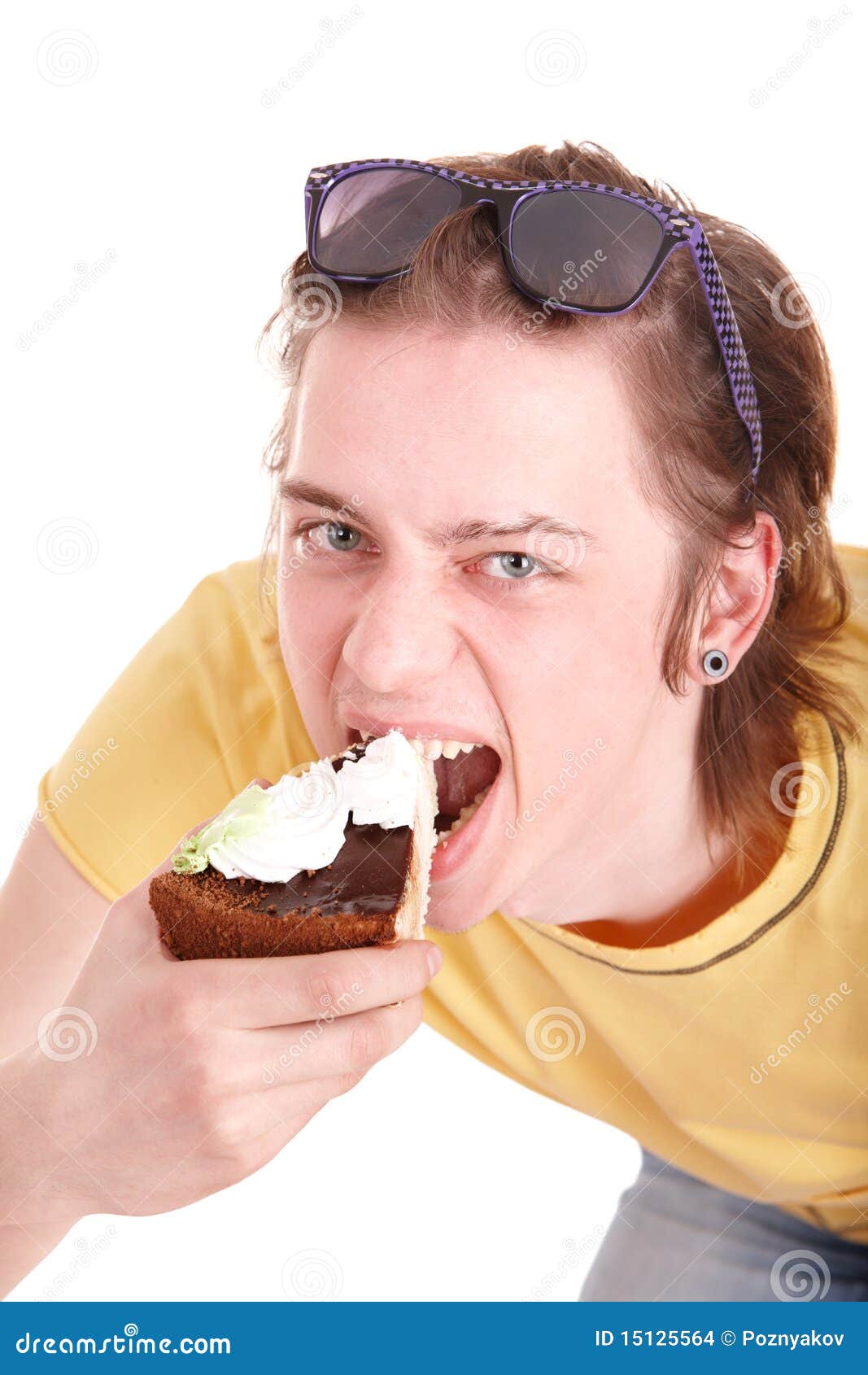 Young Man Eating Chocolate Cake. Stock Photo - Image of dessert ...