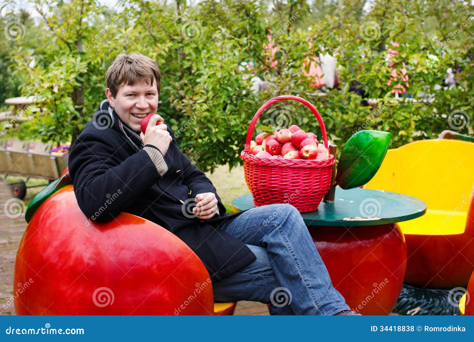 Young Man Eating Red Apples in an Orchard Stock Photo - Image of ...
