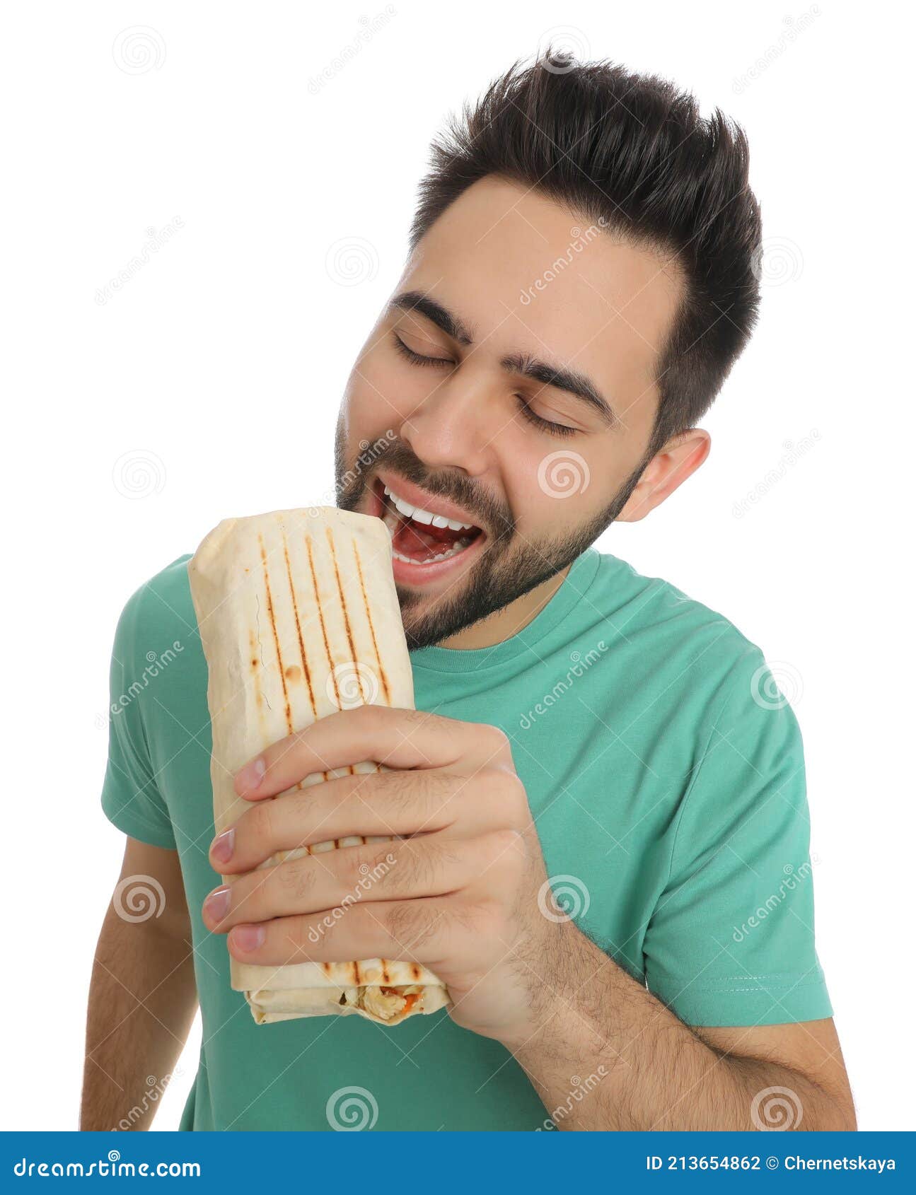 Young Man Eating Tasty Shawarma Isolated on White Stock Photo - Image ...
