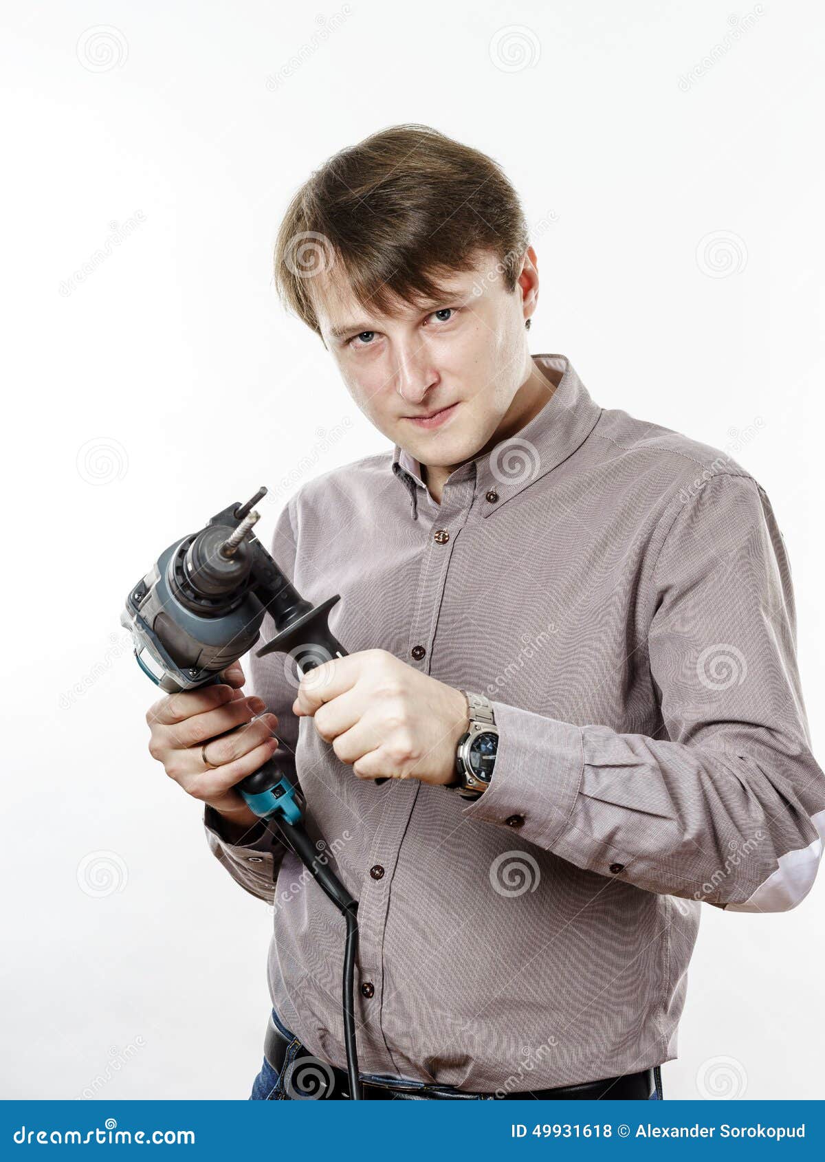 Young Man with Electric Drilling Machine Isolated on White Stock Photo ...