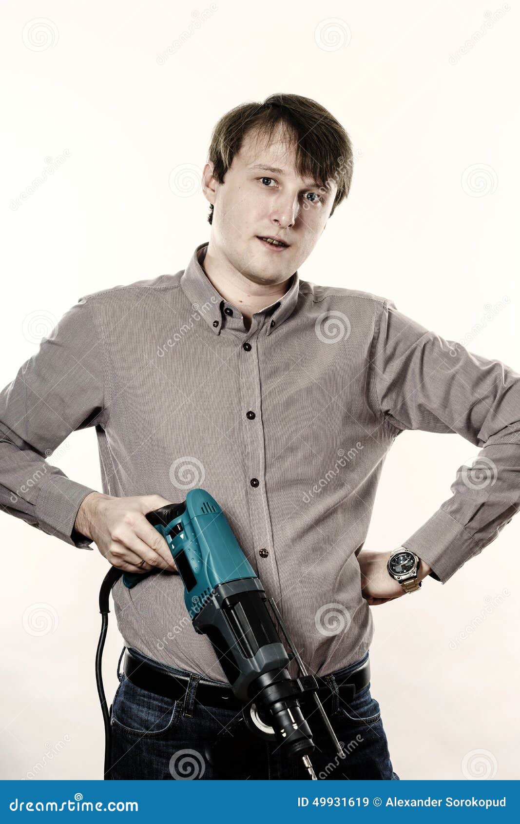 Young Man with Electric Drilling Machine Isolated on White Stock Image ...