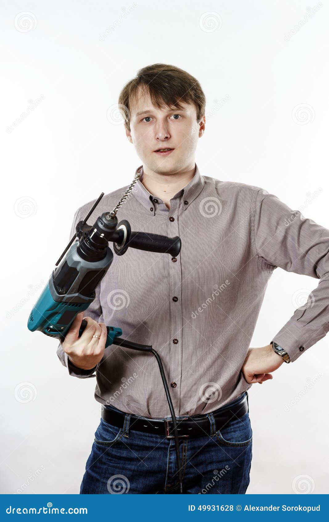 Young Man with Electric Drilling Machine Isolated on White Stock Photo ...