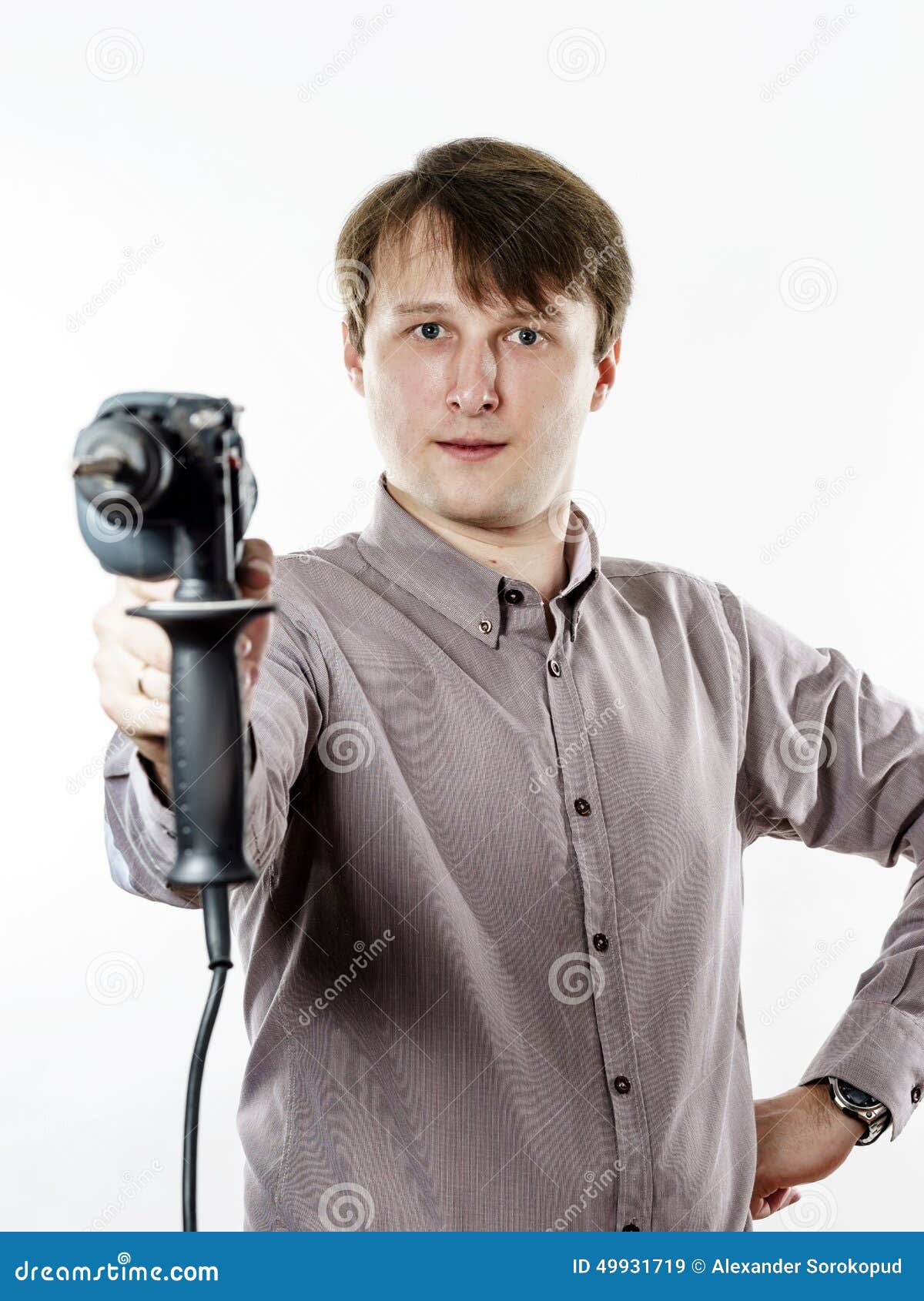 Young Man with Electric Drilling Machine Isolated on White Stock Image ...