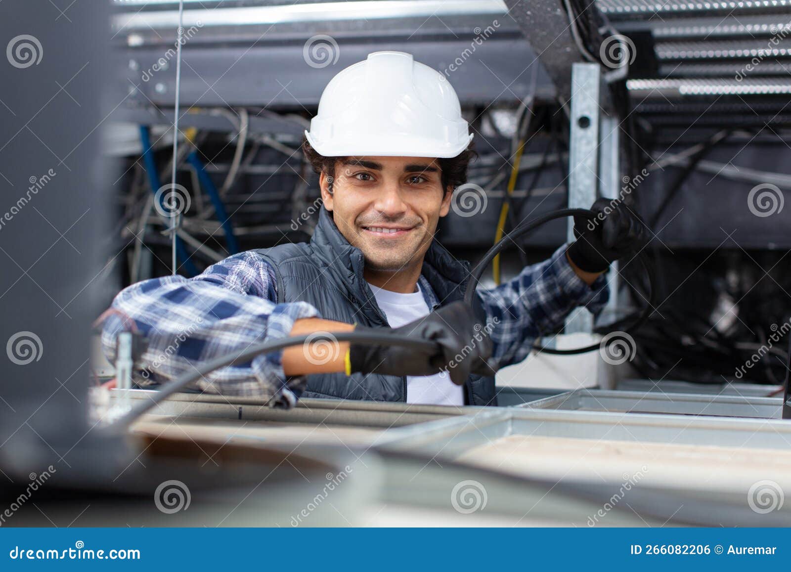 Young Man Electrician Wiring Inside Ceiling Stock Photo - Image of ...