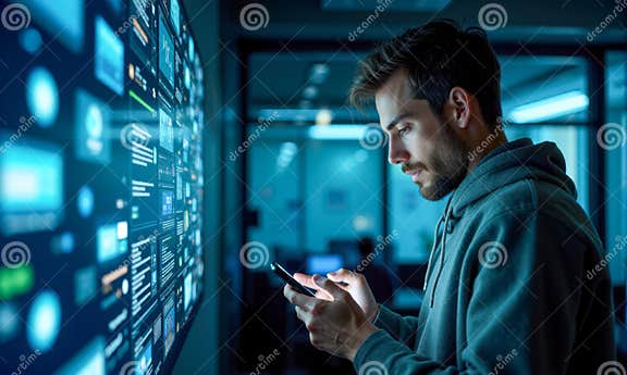Young Man Engaging with Interactive Digital Data Wall Showing Graphs ...