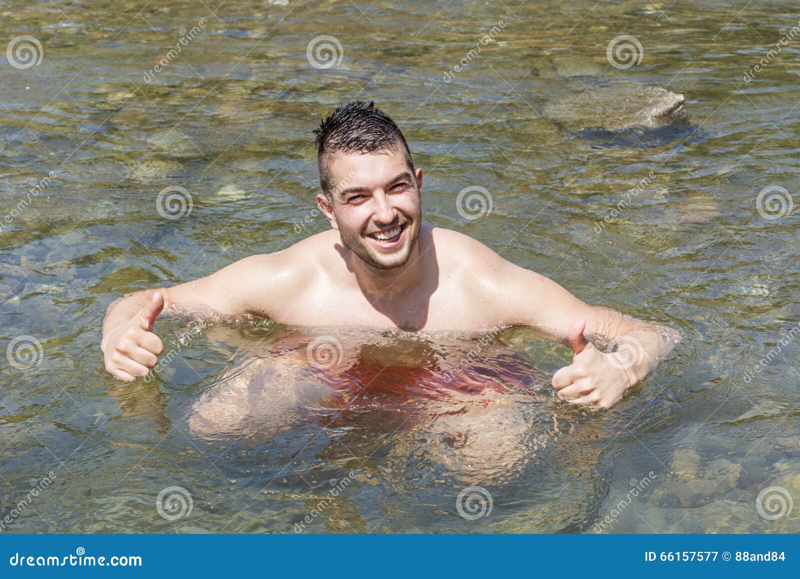 Young Man Enjoy Bathing in the Cold Summer River Stock Image - Image of ...