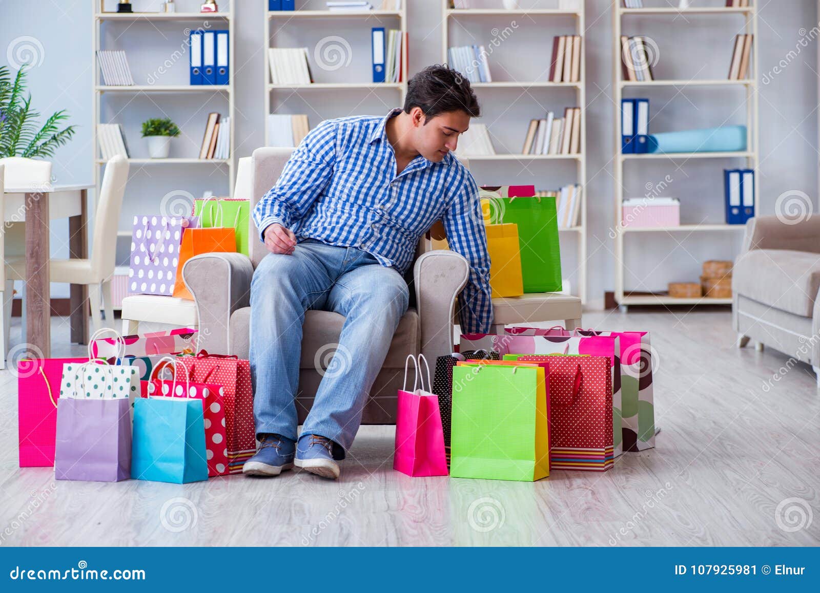 The Young Man after Excessive Shopping at Home Stock Image - Image of ...
