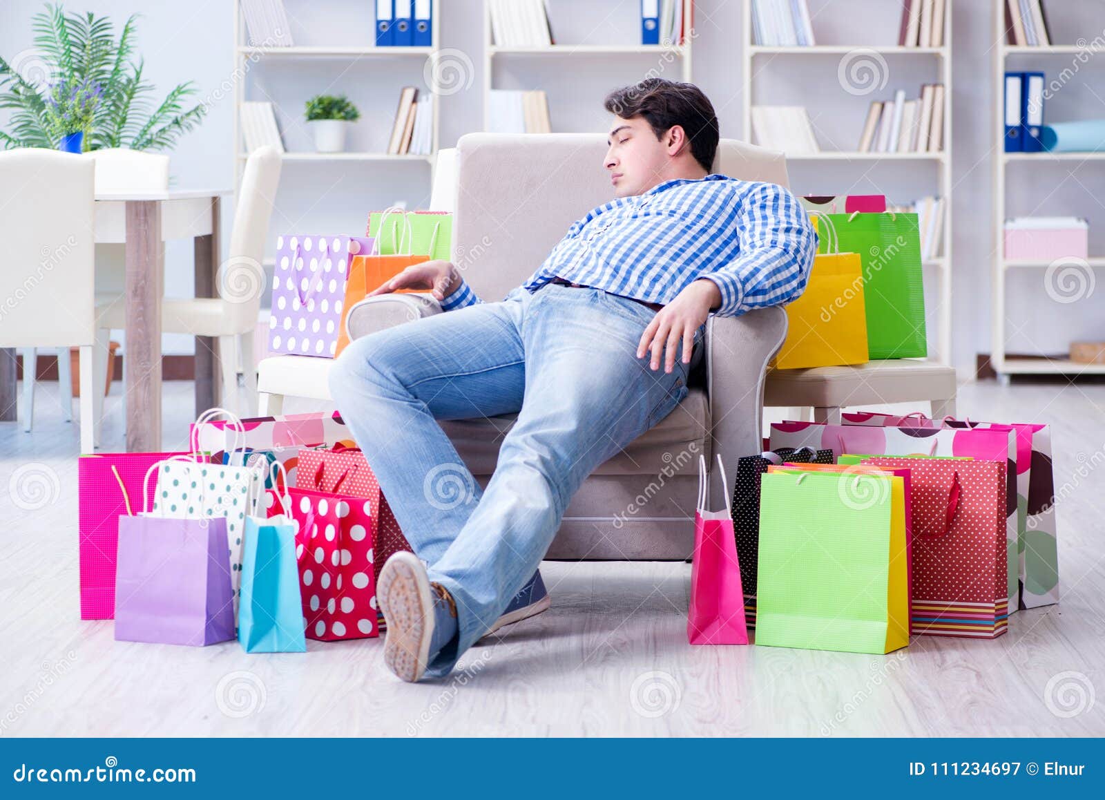 The Young Man after Excessive Shopping at Home Stock Image - Image of ...