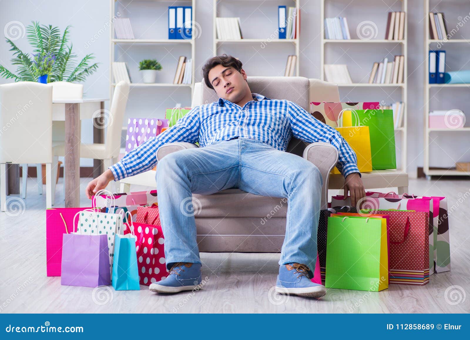 The Young Man after Excessive Shopping at Home Stock Image - Image of ...